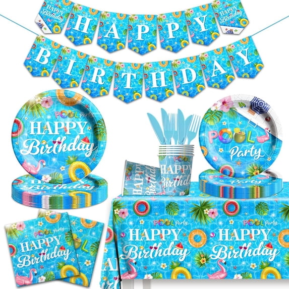 142 Pieces Pool Birthday Party Supplies - Summer Pool Tableware Set ...