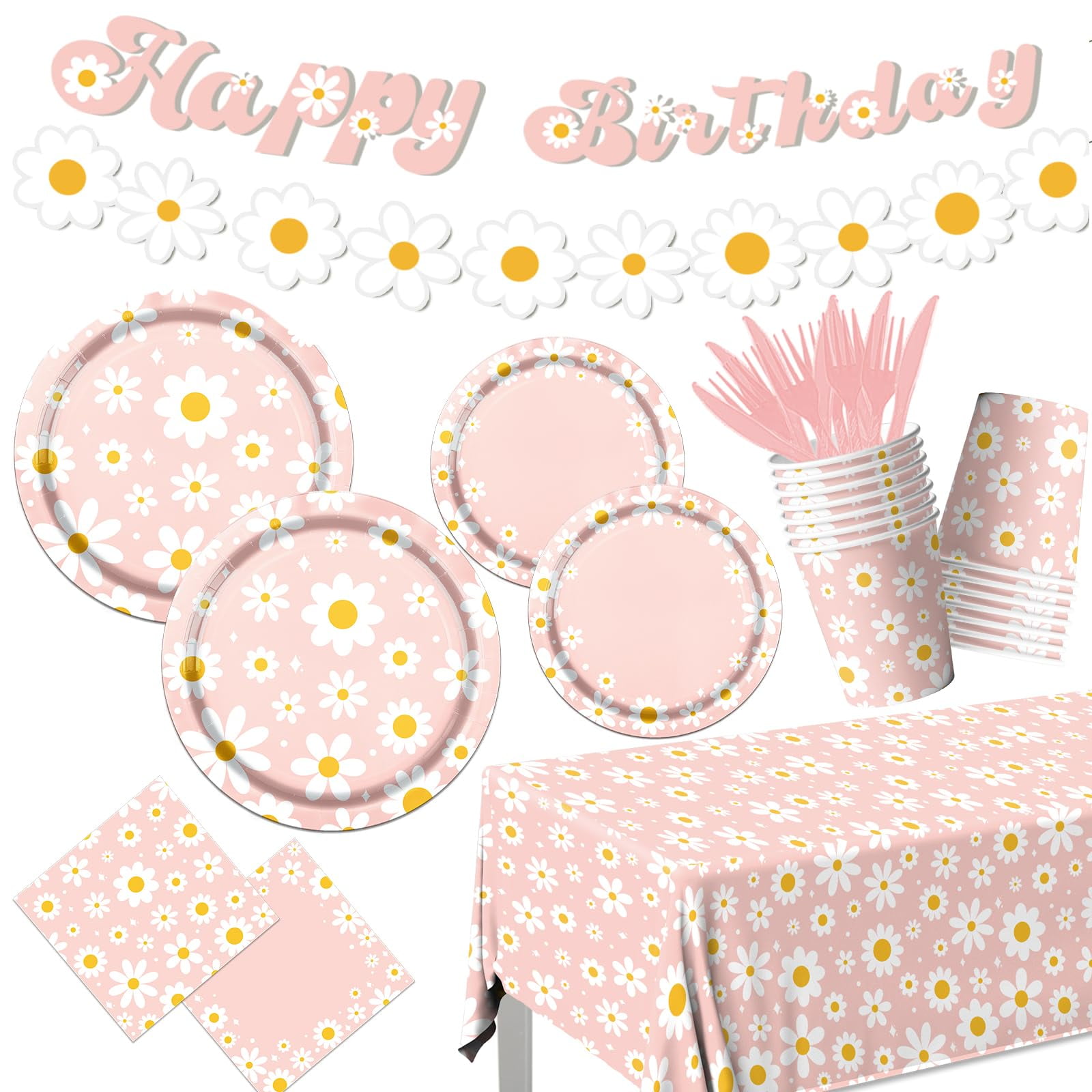 142PCS Daisy Birthday Party MMF7 Tableware Set,Pink Groovy Daisy ...