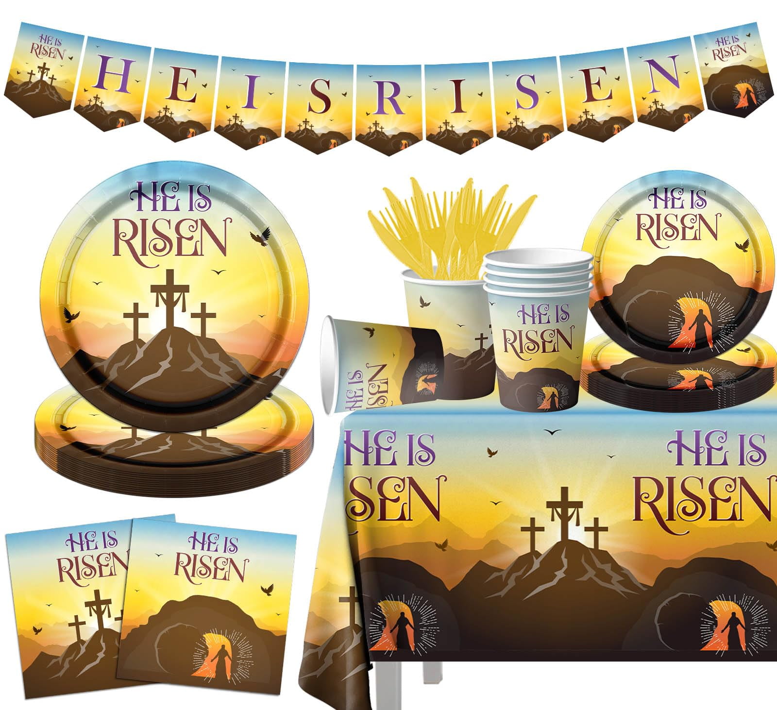 142Pcs He is Risen YPF5 Tableware Set Party Decorations Happy Easter ...