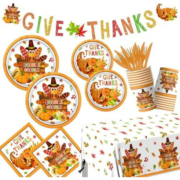 142Pcs Thanksgiving Disposable Dinnerware Set - Turkey Plates, Napkins ...