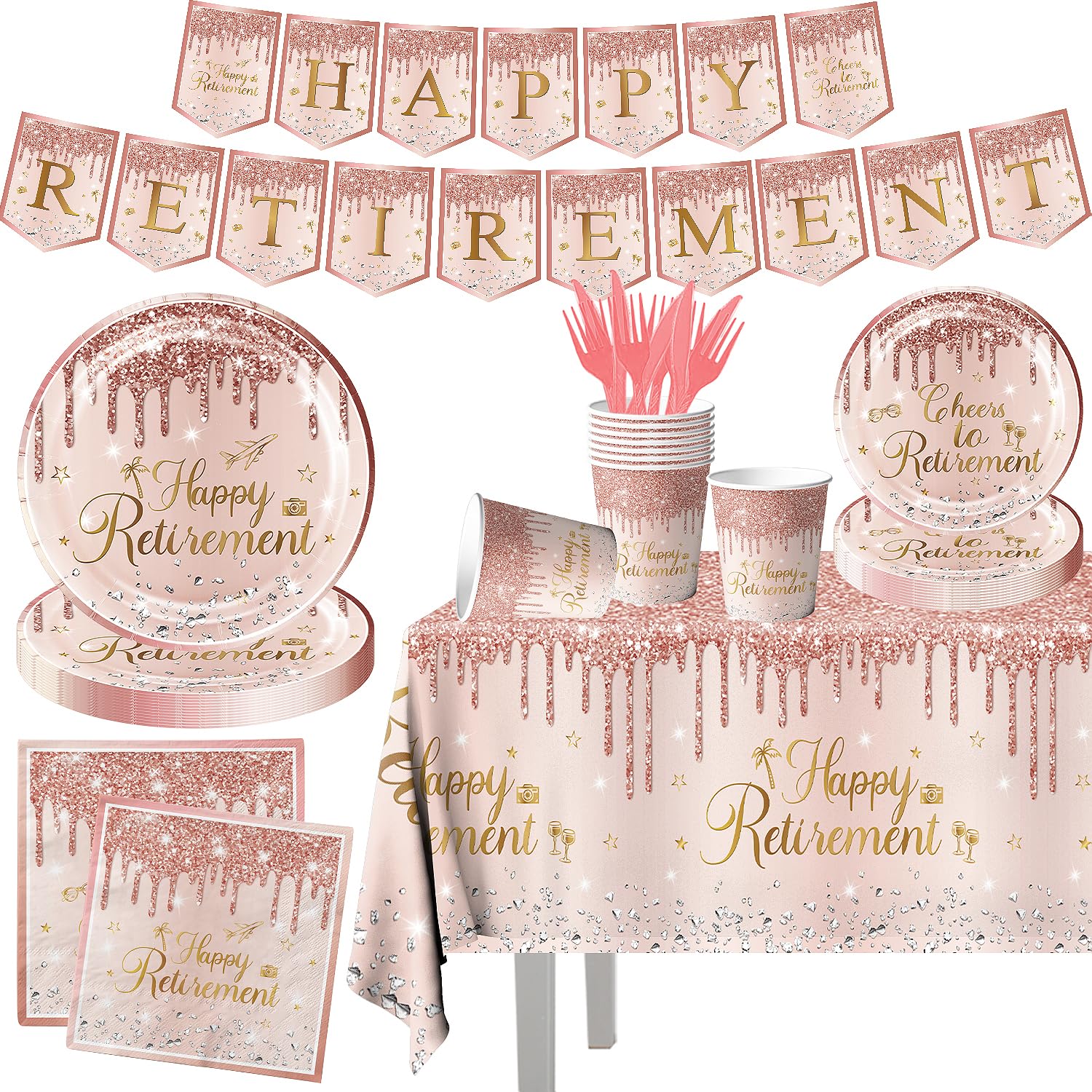 142pcs Pink Retirement Party DHF10 Decorations Tableware Sets, Rose ...