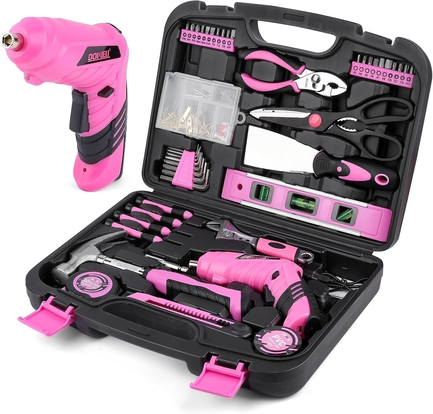 DOWELL 143-Piece Pink Homeowner Tool Set with 3.6V Cordless Screwdriver ...
