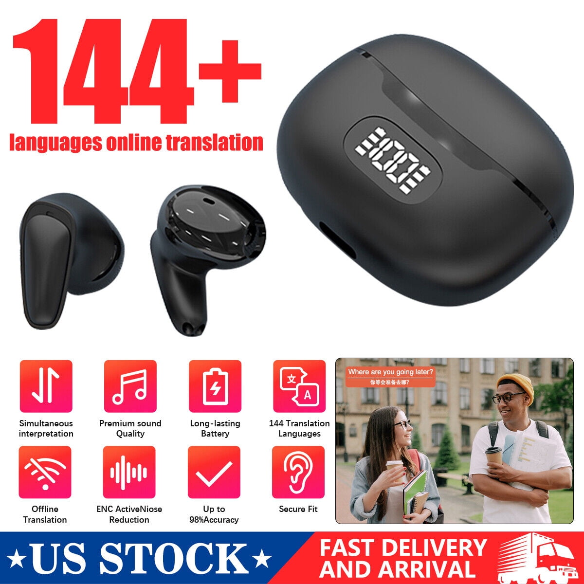 144 Language Translator Earbuds M8 Wireless Bluetooth Two Way ...