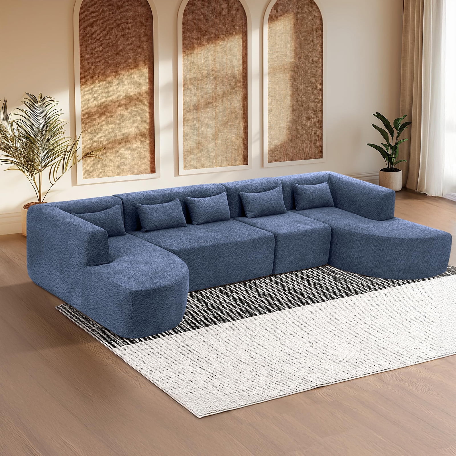 144" Modular Boucle Sectional Sofa, Deep Seat Couch with 2 Curved ...