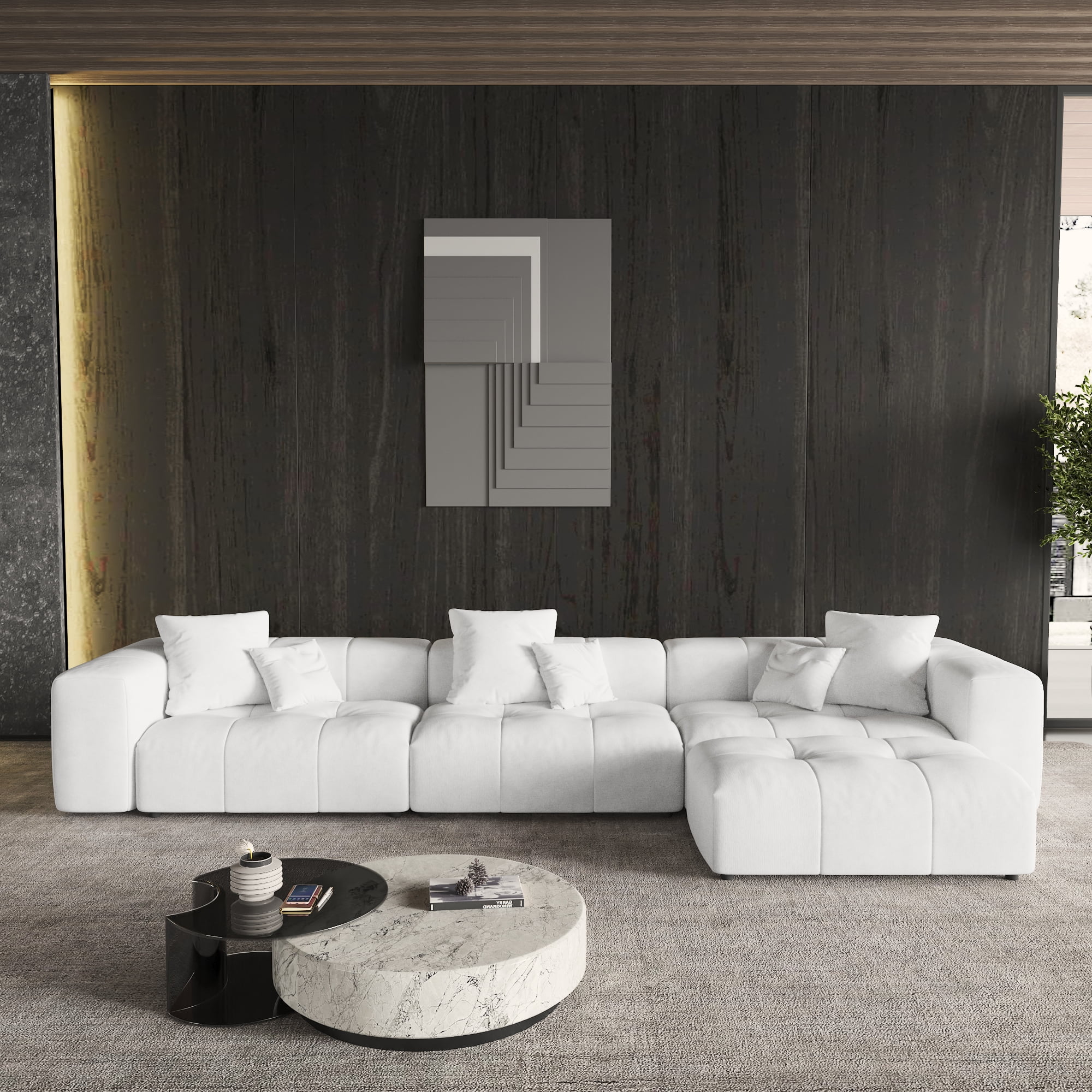 144" Modular Sectional Sofa with Movable Ottoman, Modern Linen Deep ...
