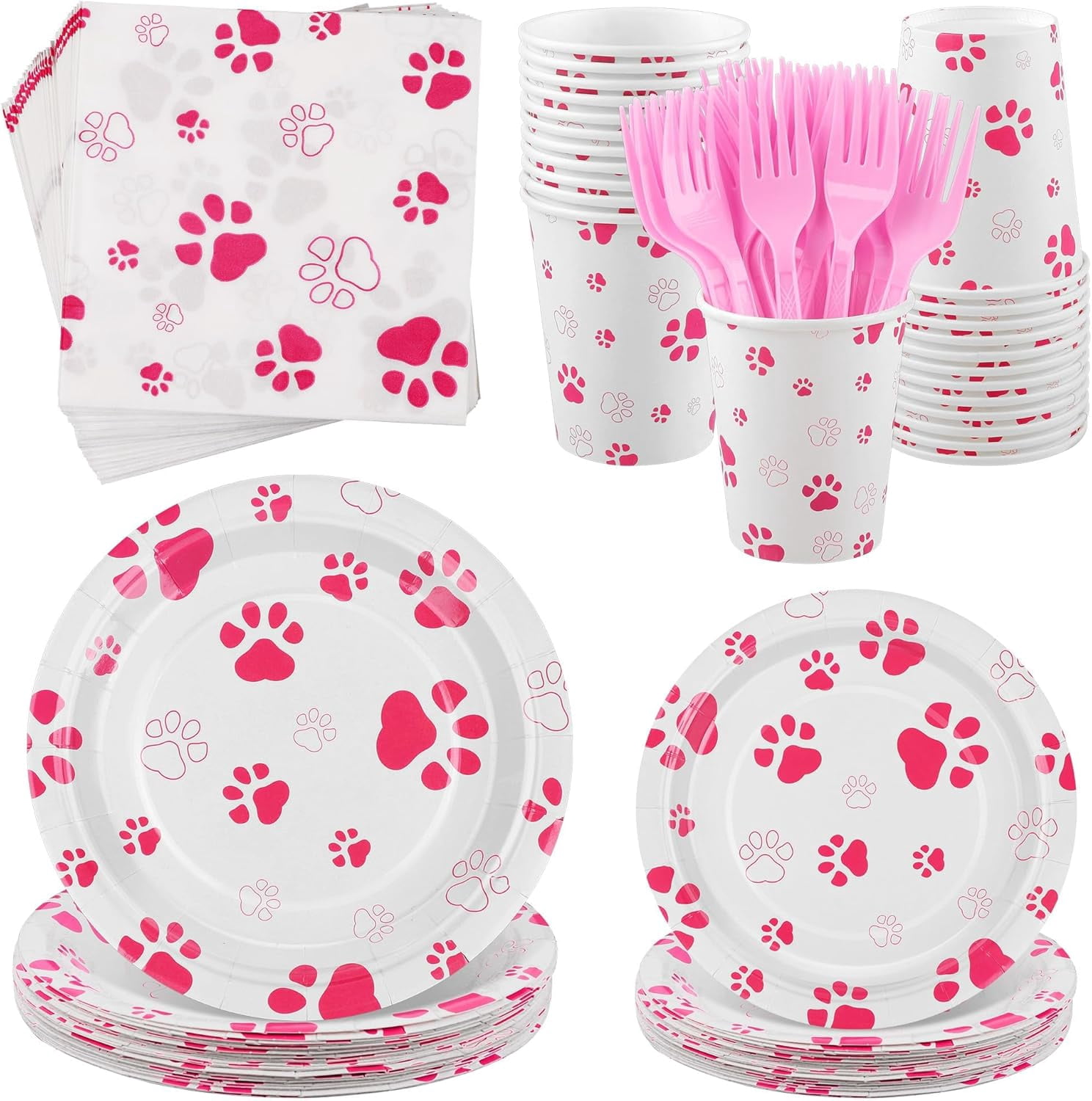 144 Pieces Pink Paw Print Party Tableware Sets Including Disposable ...