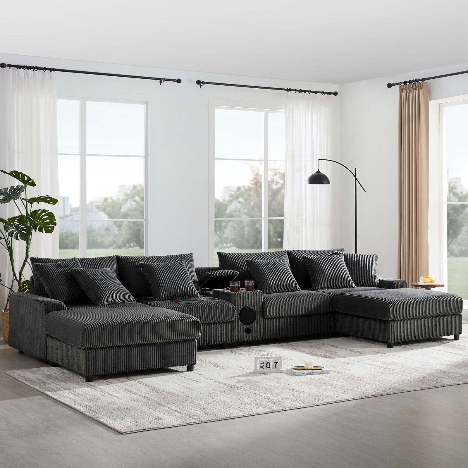 144" U-Shaped Sectional Sofa, Corduroy Deep Seat Couch with Speakers ...