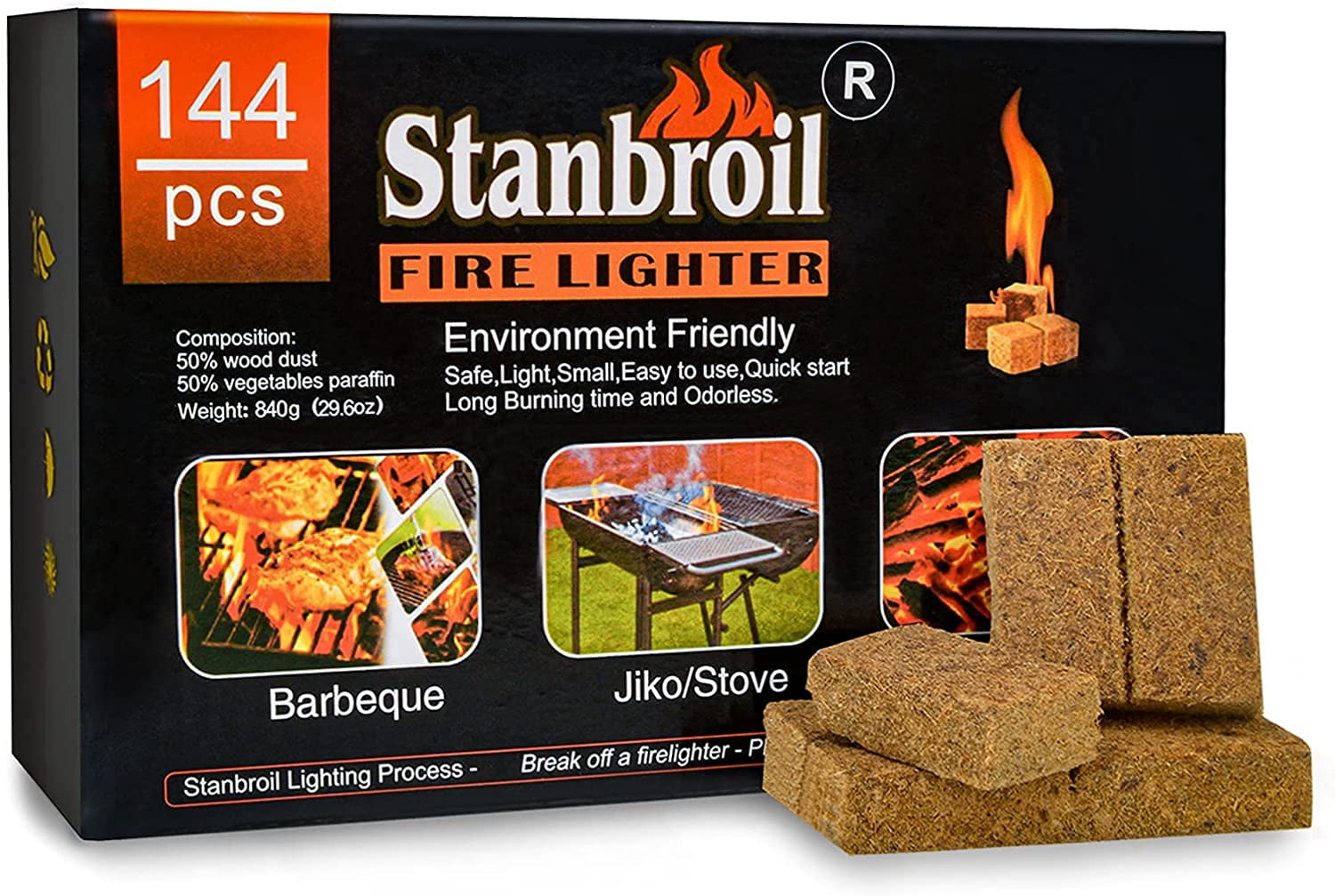 144 pcs Fire Starters, Natural Charcoal Squares Starters Super Fast ...