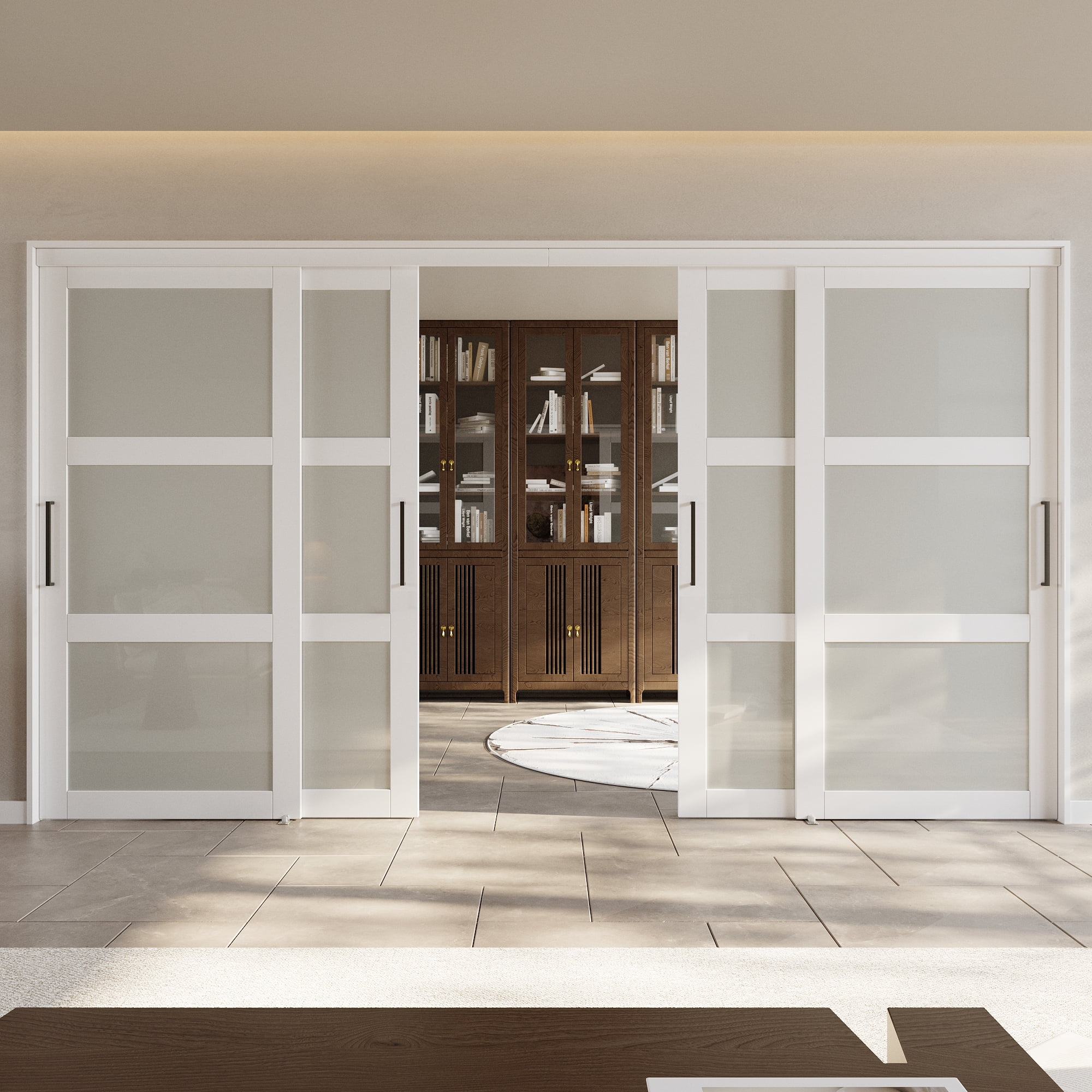 144" x 80" Assembled White Prefinished 3-Lite Tempered Frosted Glass ...