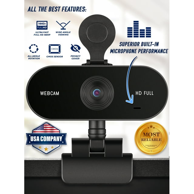 Mata1-USA 1440p Full HD Webcam, Built-In Mic, Privacy Cover, USB 2.0 ...