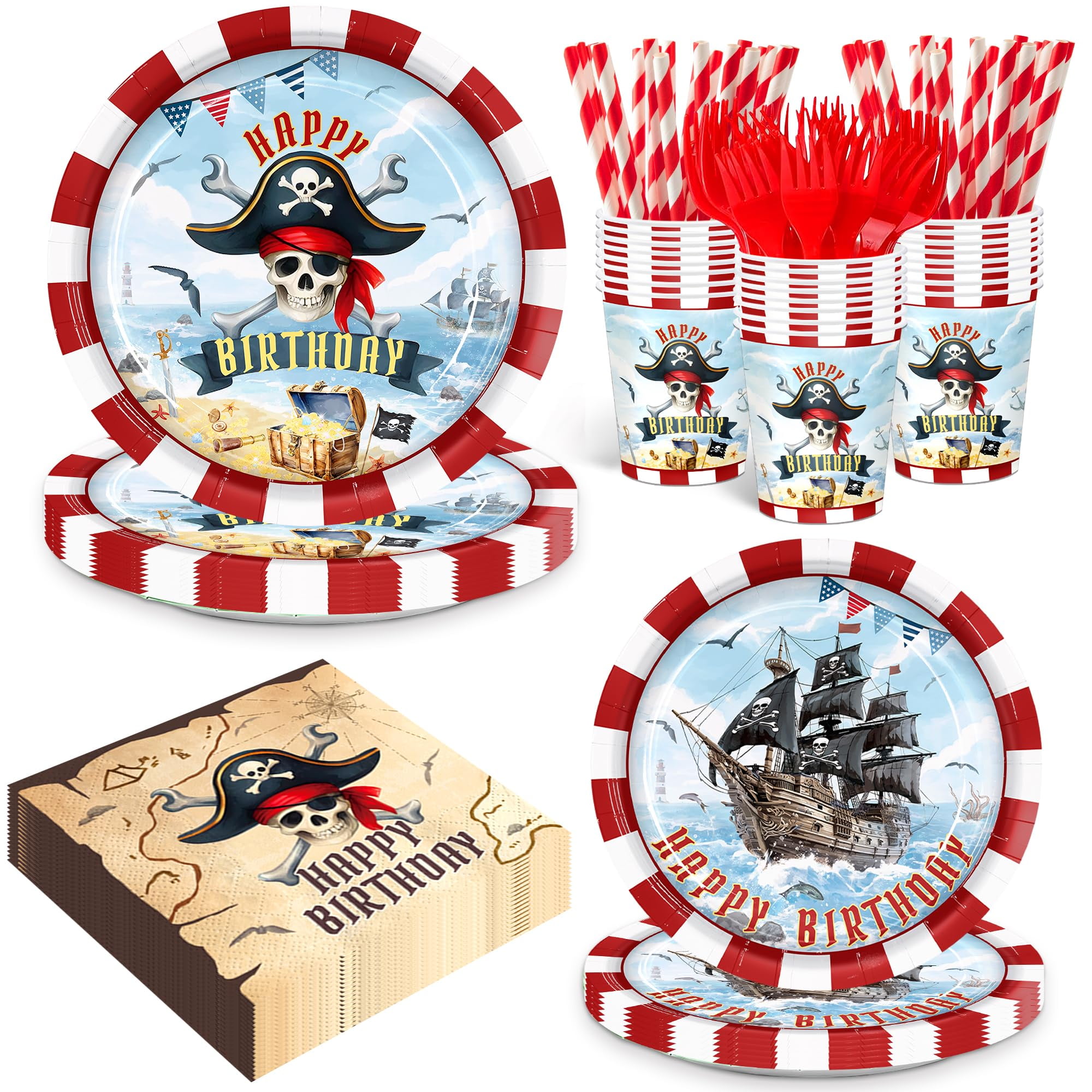 144pcs Pirate Birthday Party Supplies Paper Plates Napkins Tableware ...