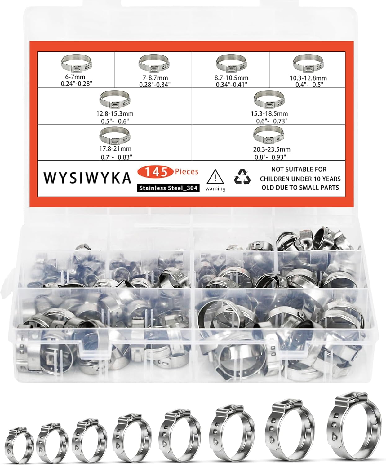 145 PCS 8 Sizes Single Ear Hose Clamps, 6-23.5mm 304 Stainless Steel ...