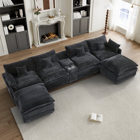 145" U Shaped Sectional Couch with USB and 2 Cup Holder, Oversized ...