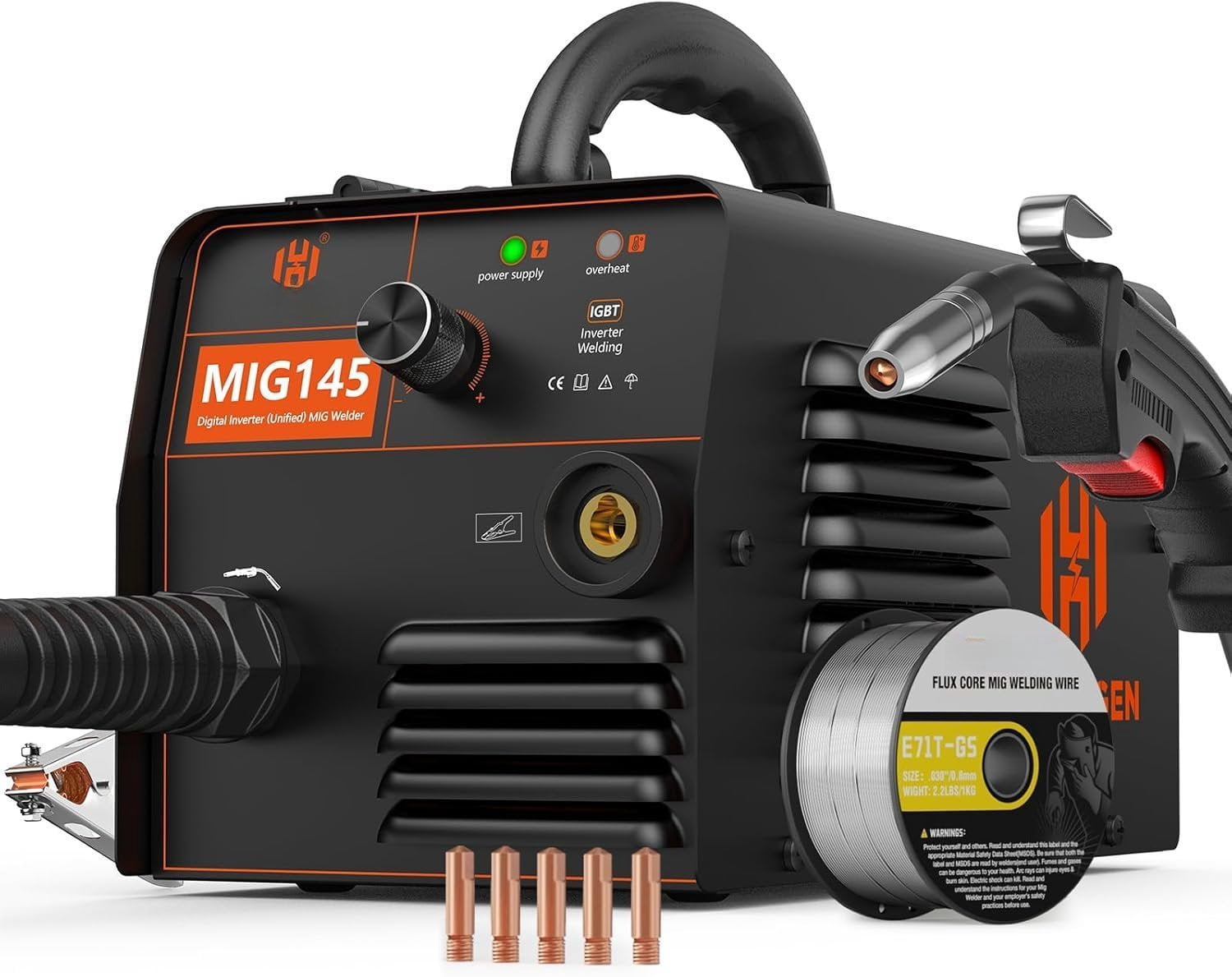 145A MIG Welder, 110V/220V Flux Core Welder Macine wit Synergy, IGBT ...