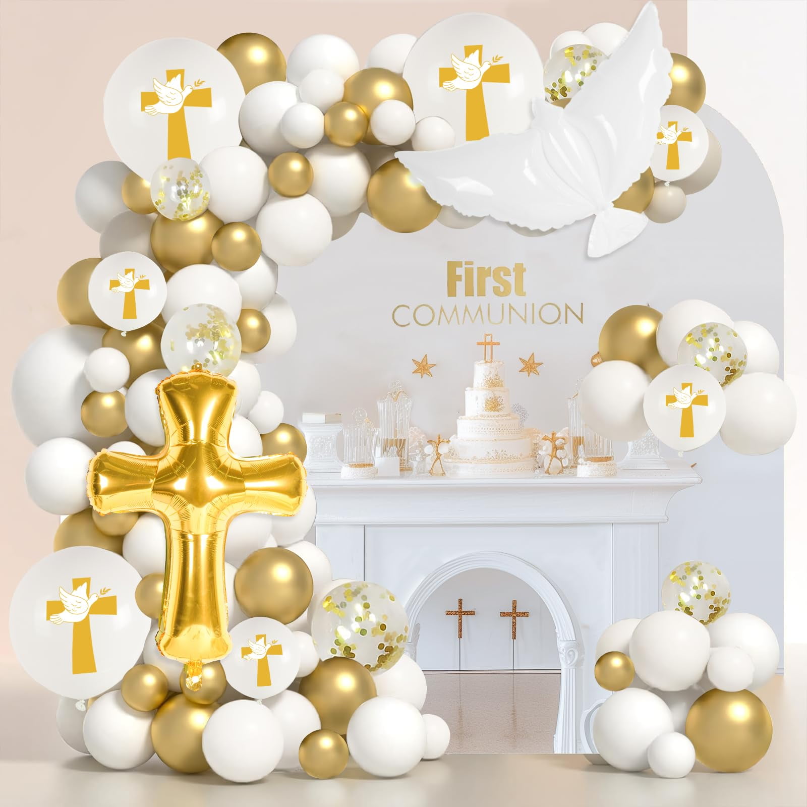 145pcs First Communion Decorations STF9 Balloons Set God Bless White ...