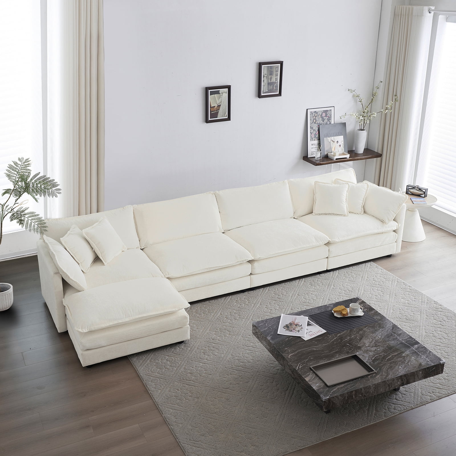 146.5” Beige White Modular Sofa, 4 Seater L Shaped Chenille Sectional ...