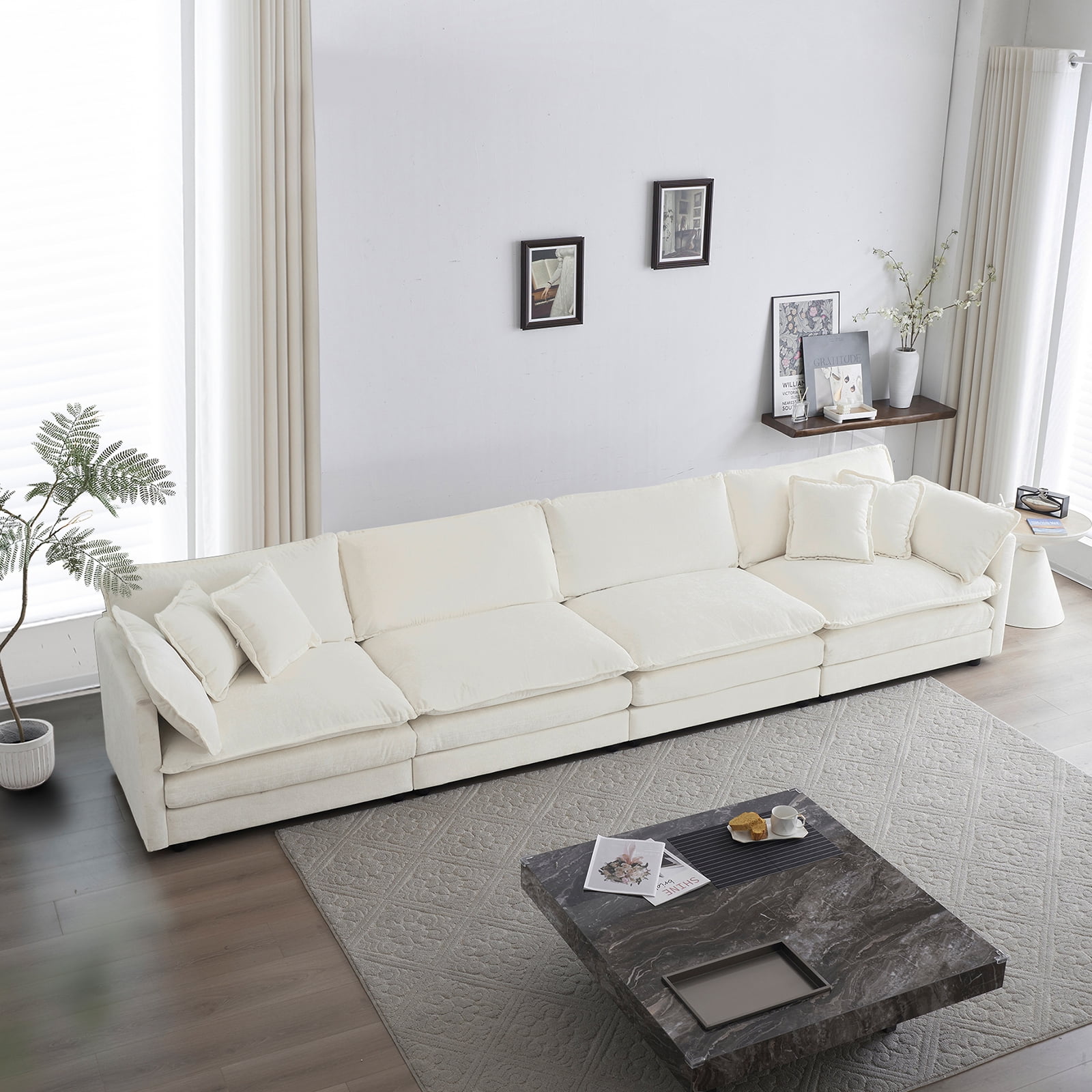 146.5” Beige White Oversized Sofa, 4 Seater Modular Couch, Chenille Large Sectional for Living ...