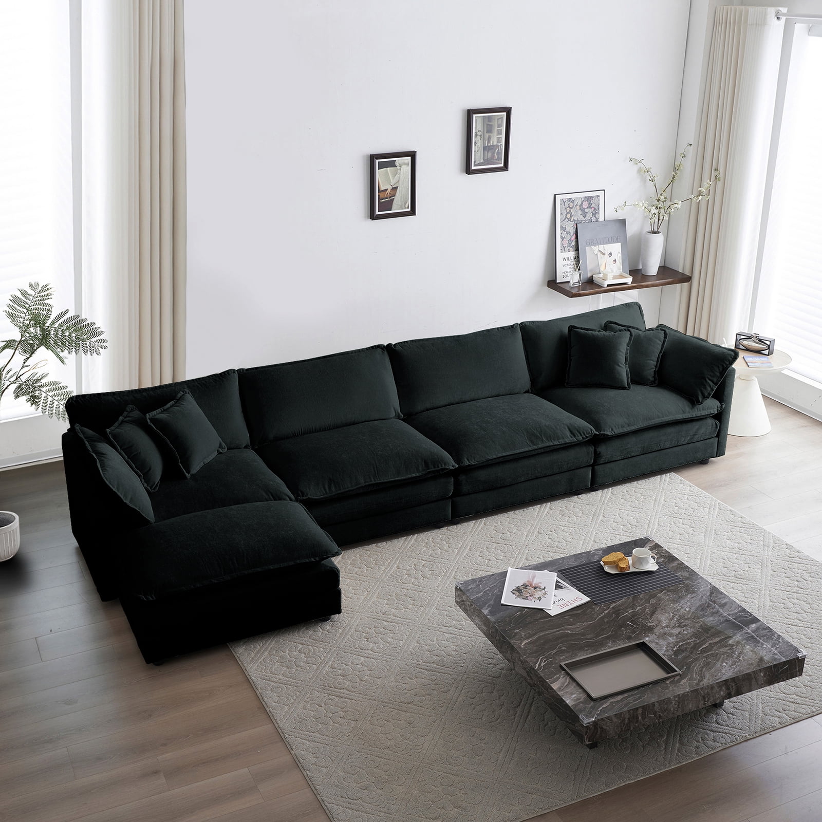 146.5” Black Modular Sofa, 4 Seater L Shaped Chenille Sectional for ...