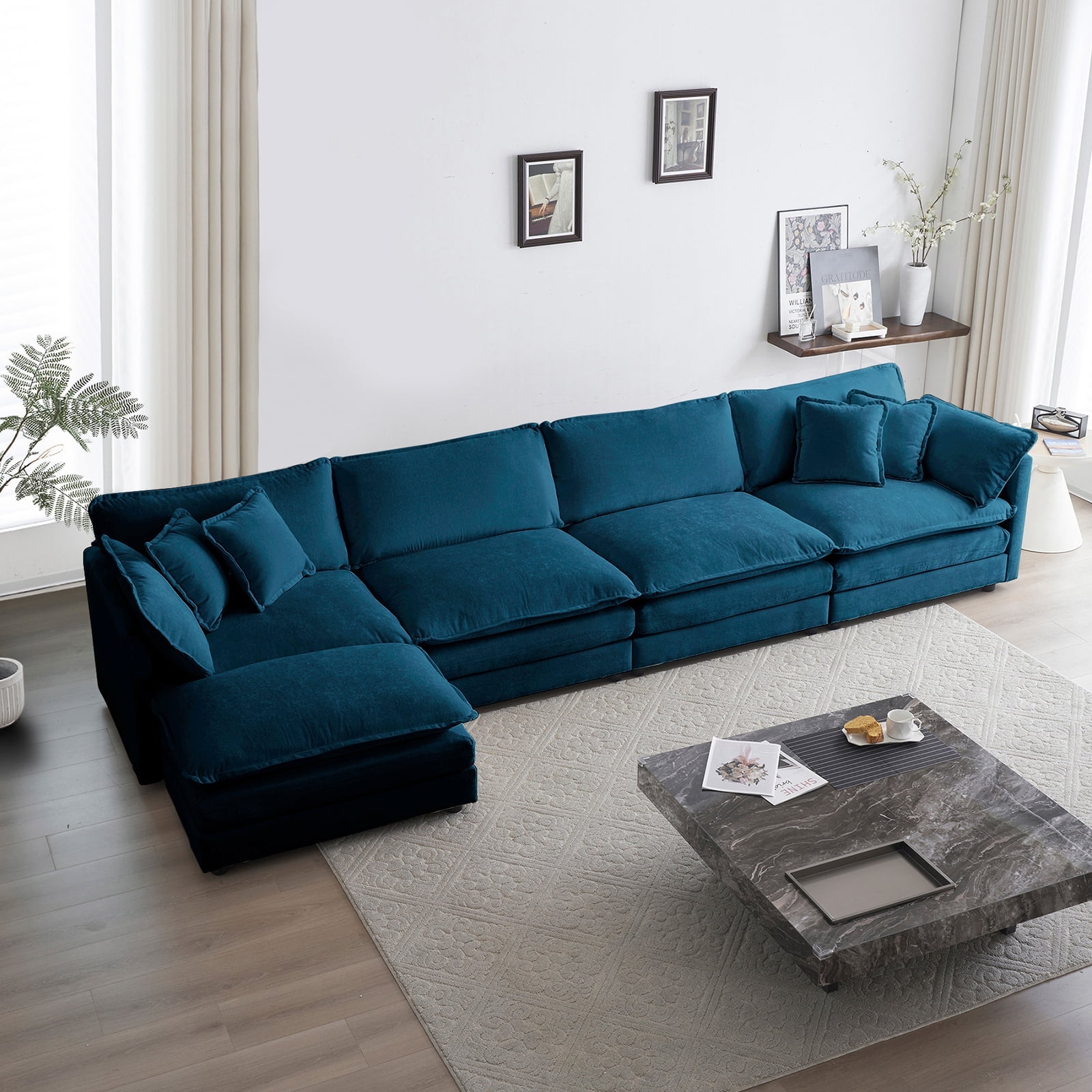 146.5” Blue Modular Sofa, 4 Seater L Shaped Chenille Sectional for ...