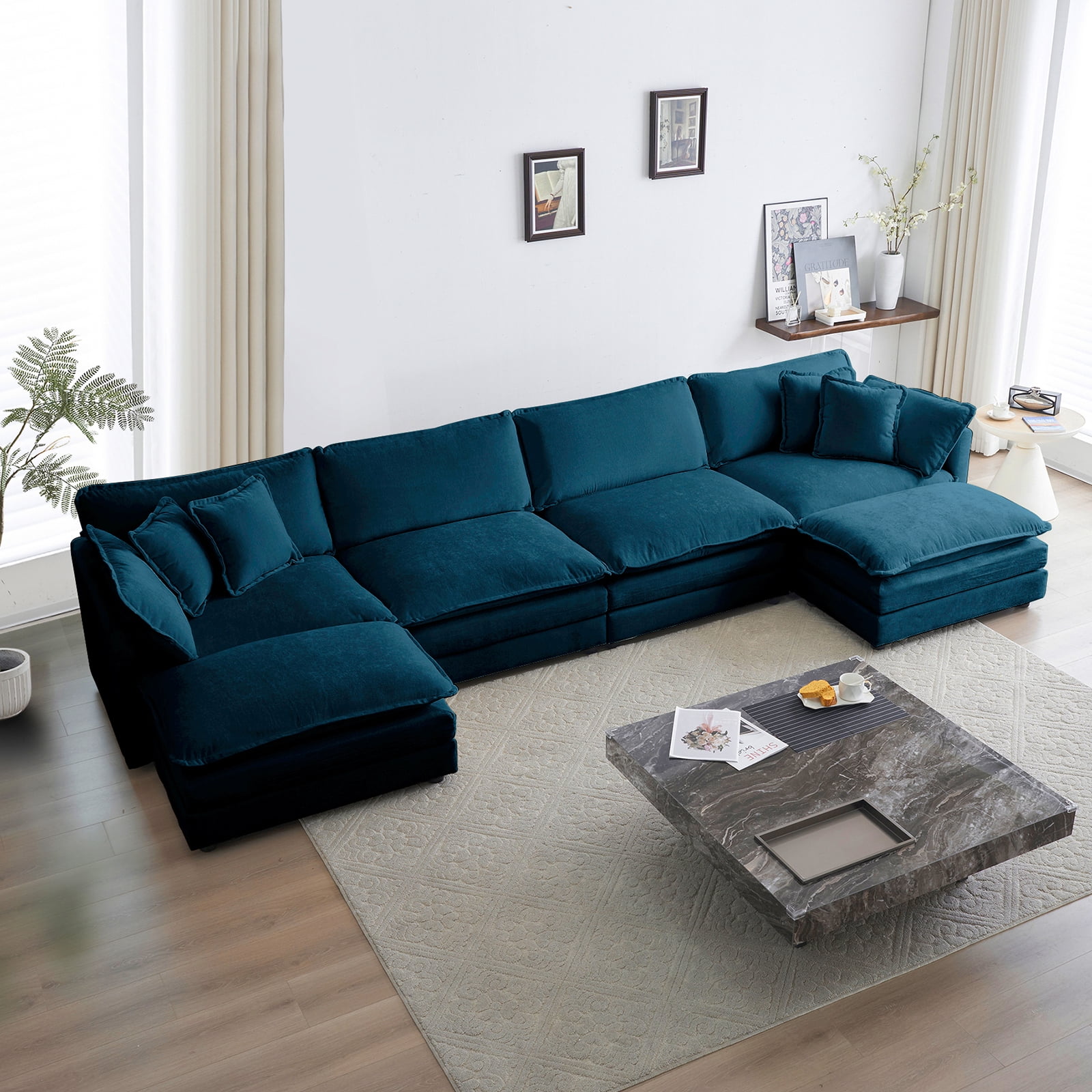 146.5” Blue Modular Sofa, 4 Seater U Shaped Chenille Sectional for Living Room, Cloud Couch with ...