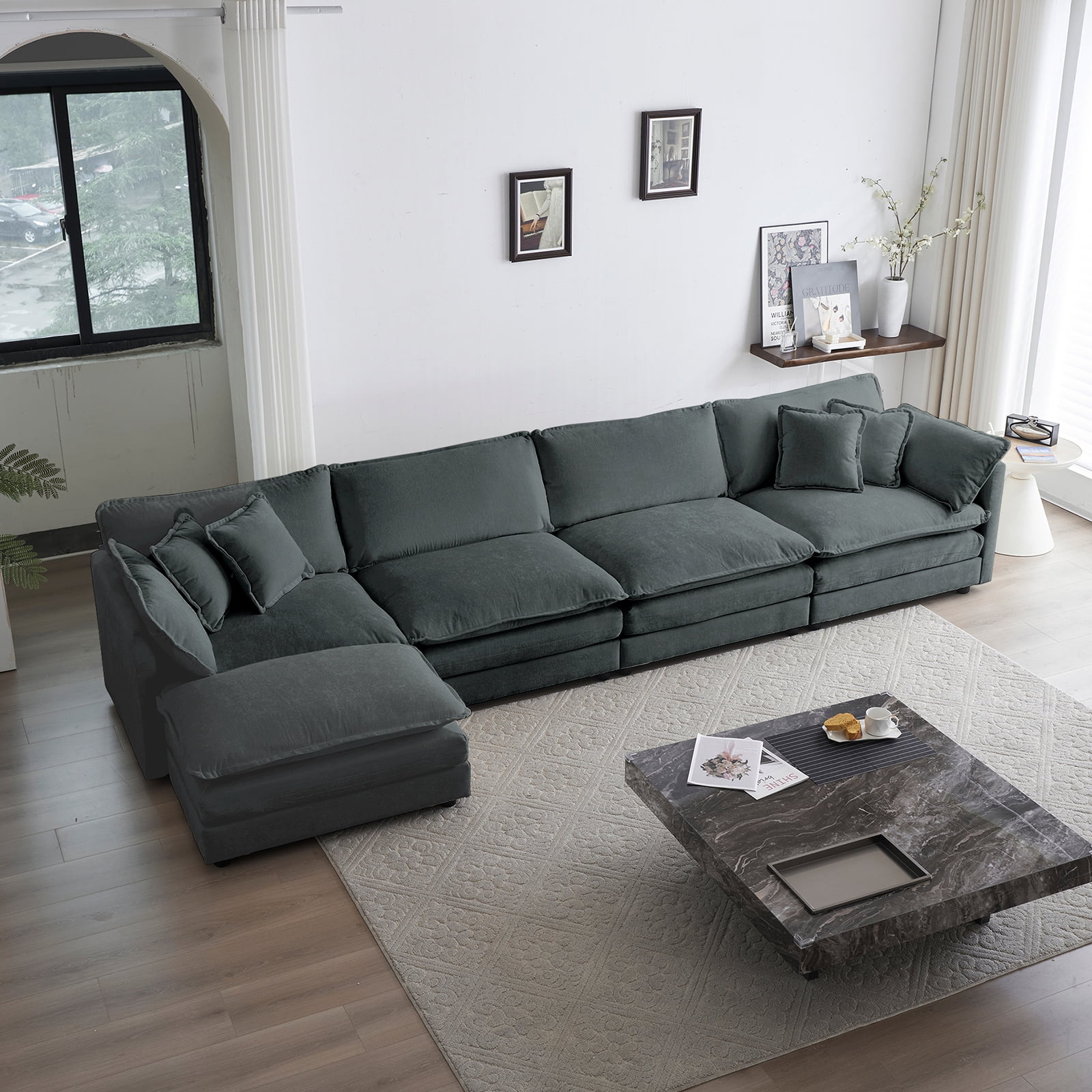 146.5” Gray Modular Sofa, 4 Seater L Shaped Chenille Sectional for Living Room, Cloud Couch with ...