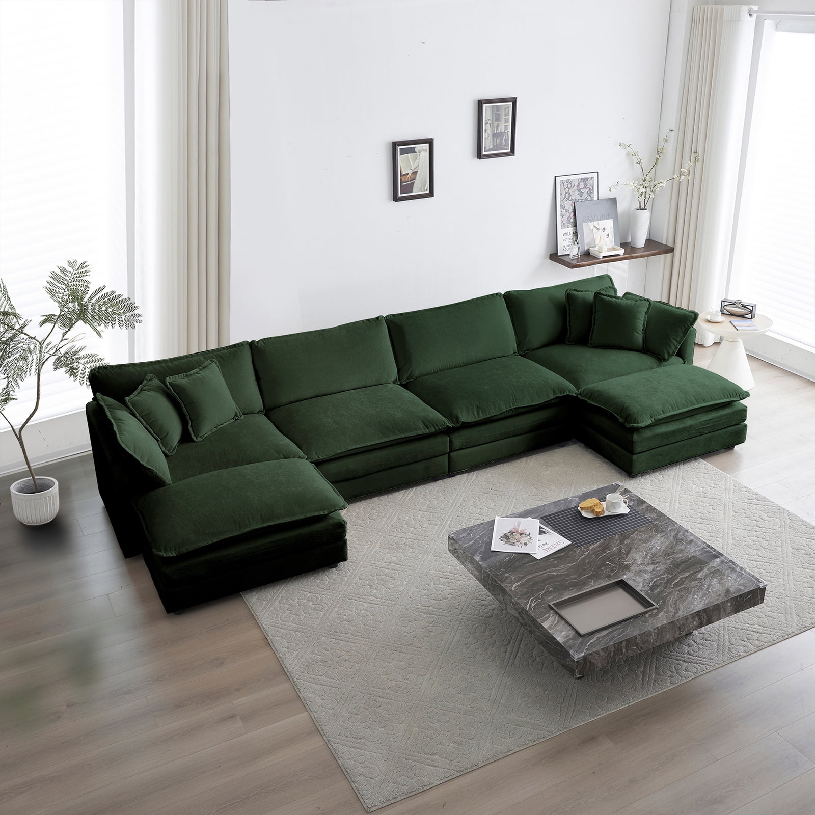 146.5” Green Modular Sofa, 4 Seater U Shaped Chenille Sectional for ...