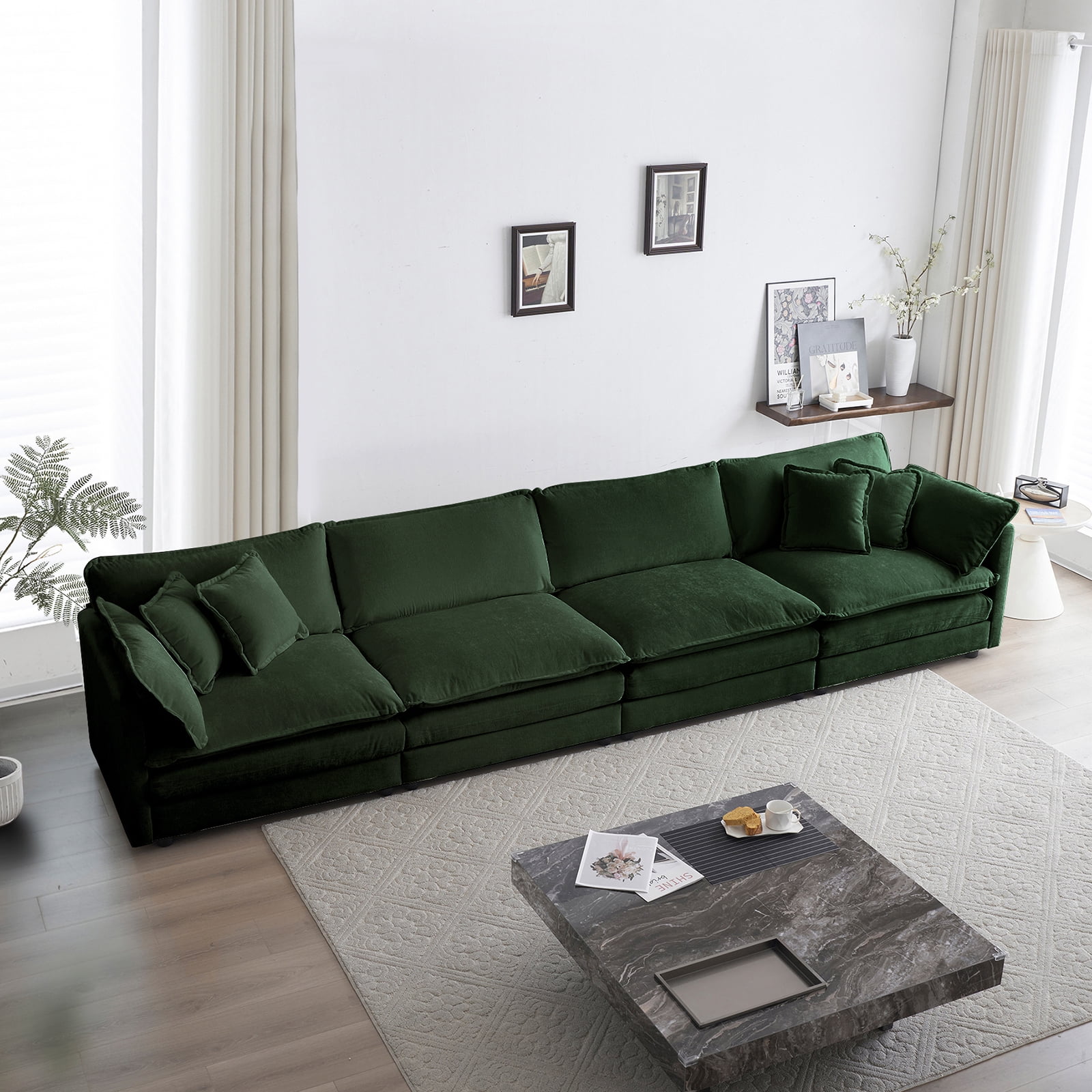 146.5” Green Oversized Sofa, 4 Seater Modular Couch, Chenille Large Sectional for Living Room ...
