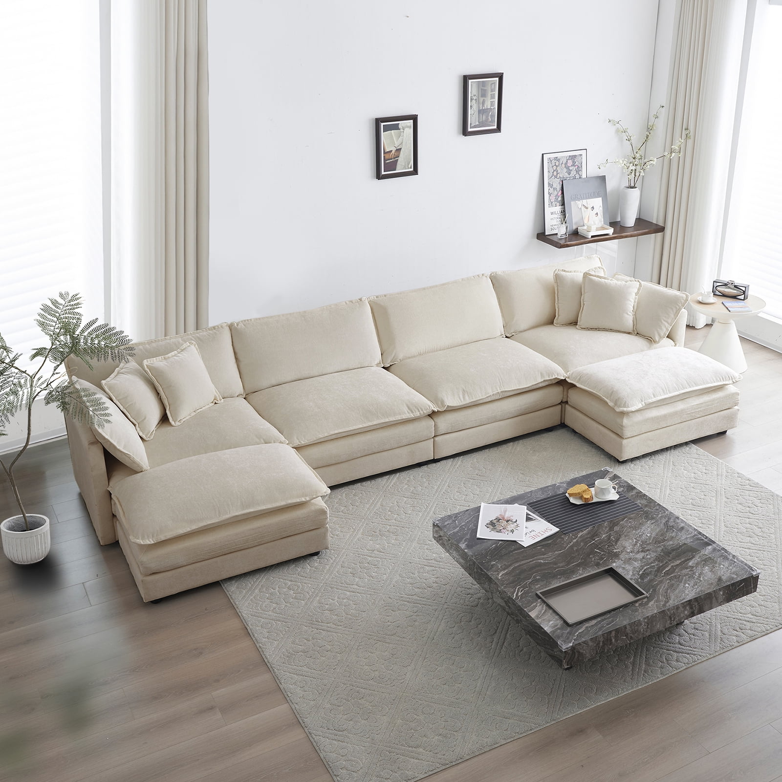 146.5” Light Camel Modular Sofa, 4 Seater U Shaped Chenille Sectional for Living Room, Cloud ...