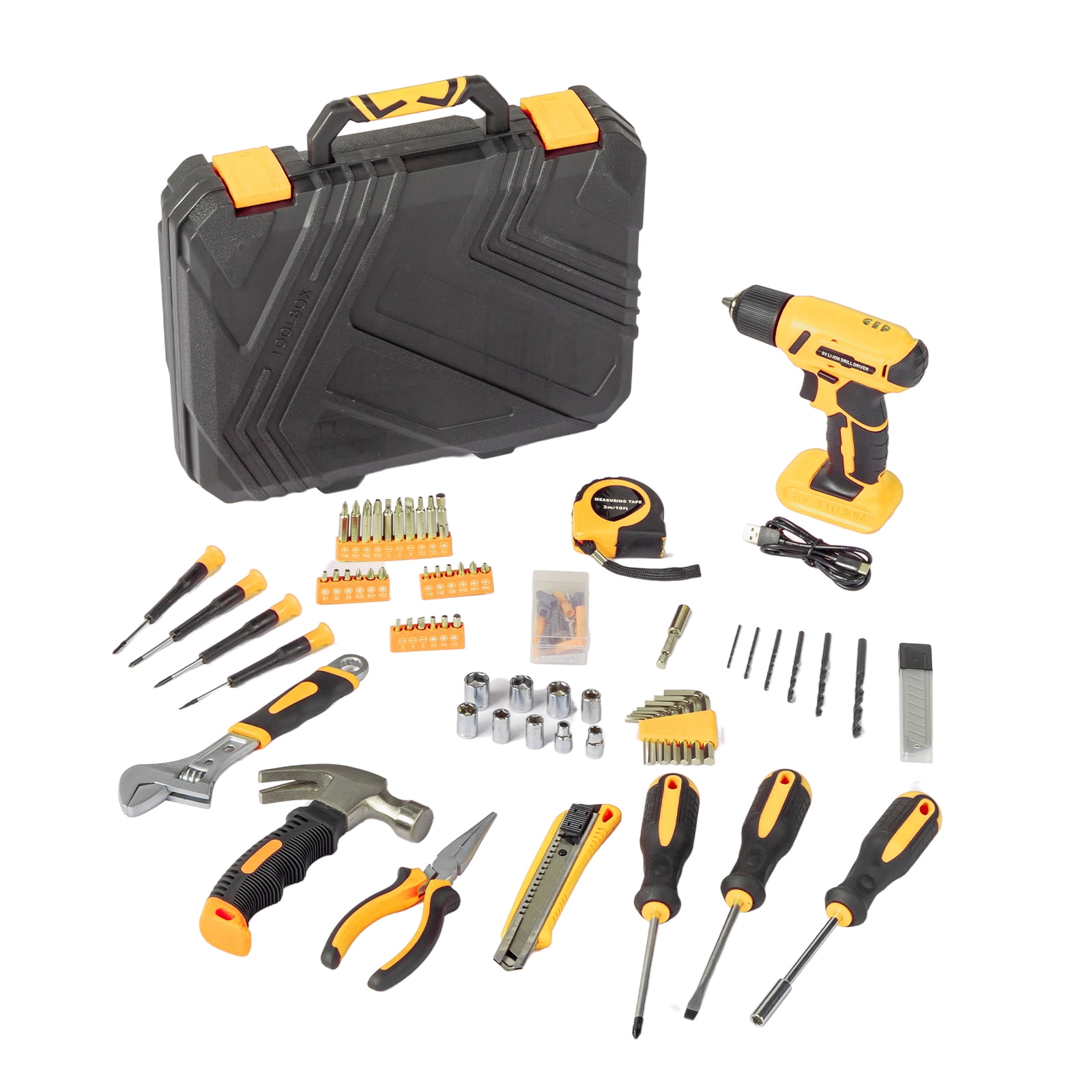 146-Piece Drill Set with 8V Yellow Cordless Drill, Home Tool Kit with ...
