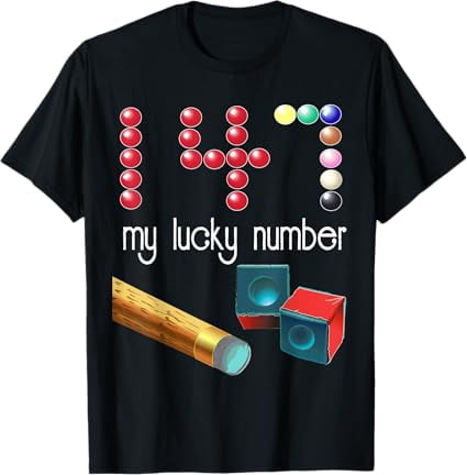 147 My Lucky Number Snooker Balls Cue Stick Chalk Art Design T-Shirt ...