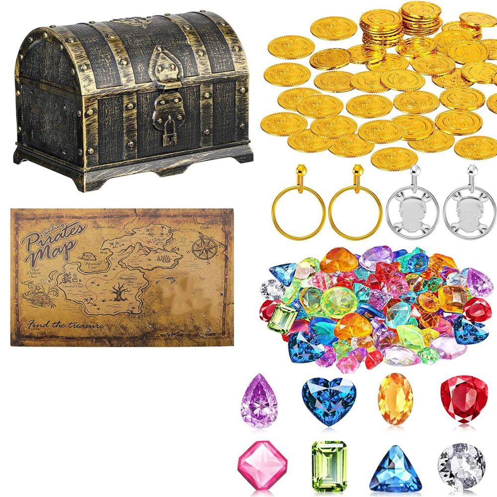 147 Pieces Pirate Treasure Chest Toy Box with Lock and 1 Treasure Map ...