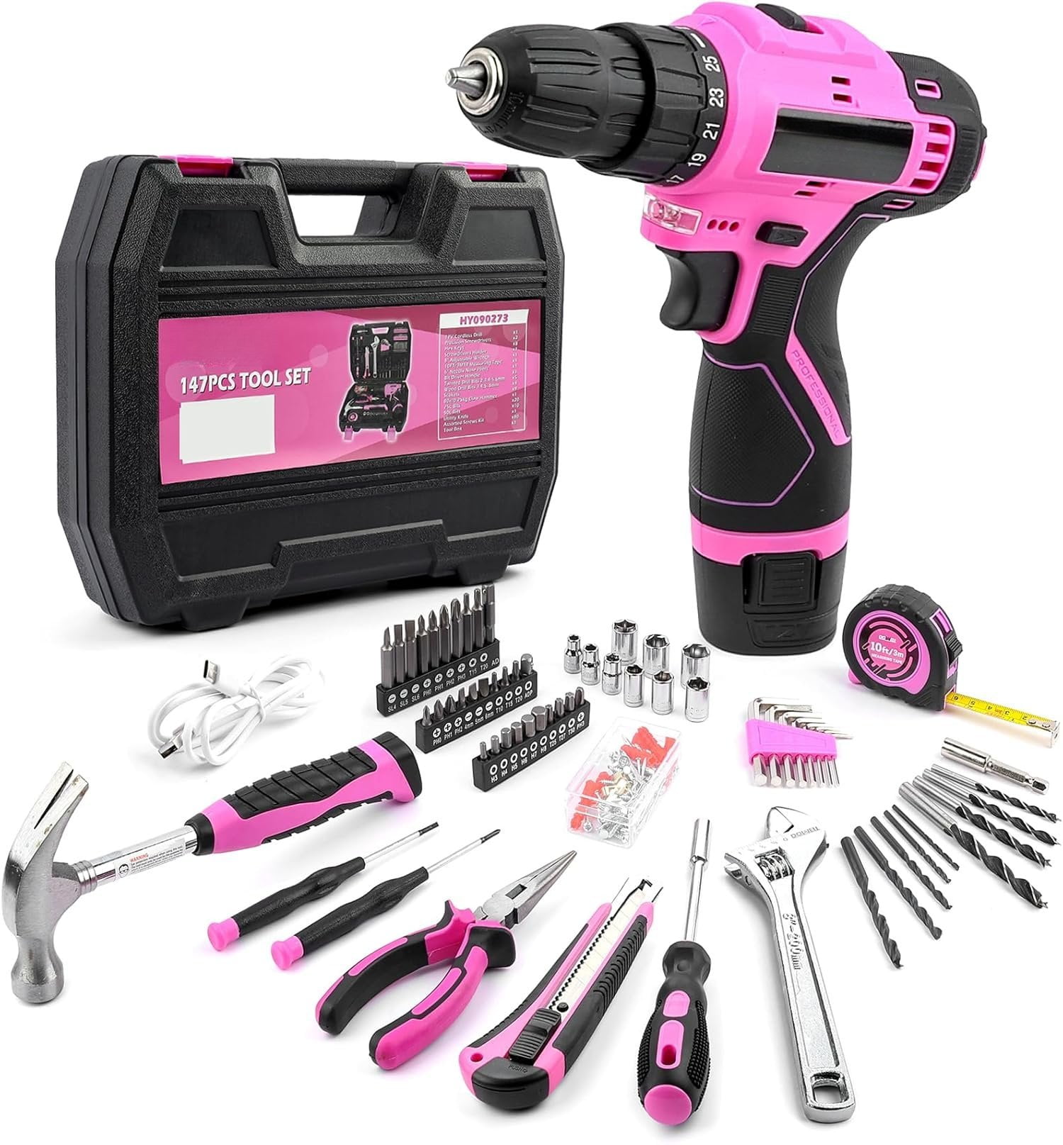 147 count Tool Kit with 12V Cordless Drill with 3/8" Keyless Chuck for ...