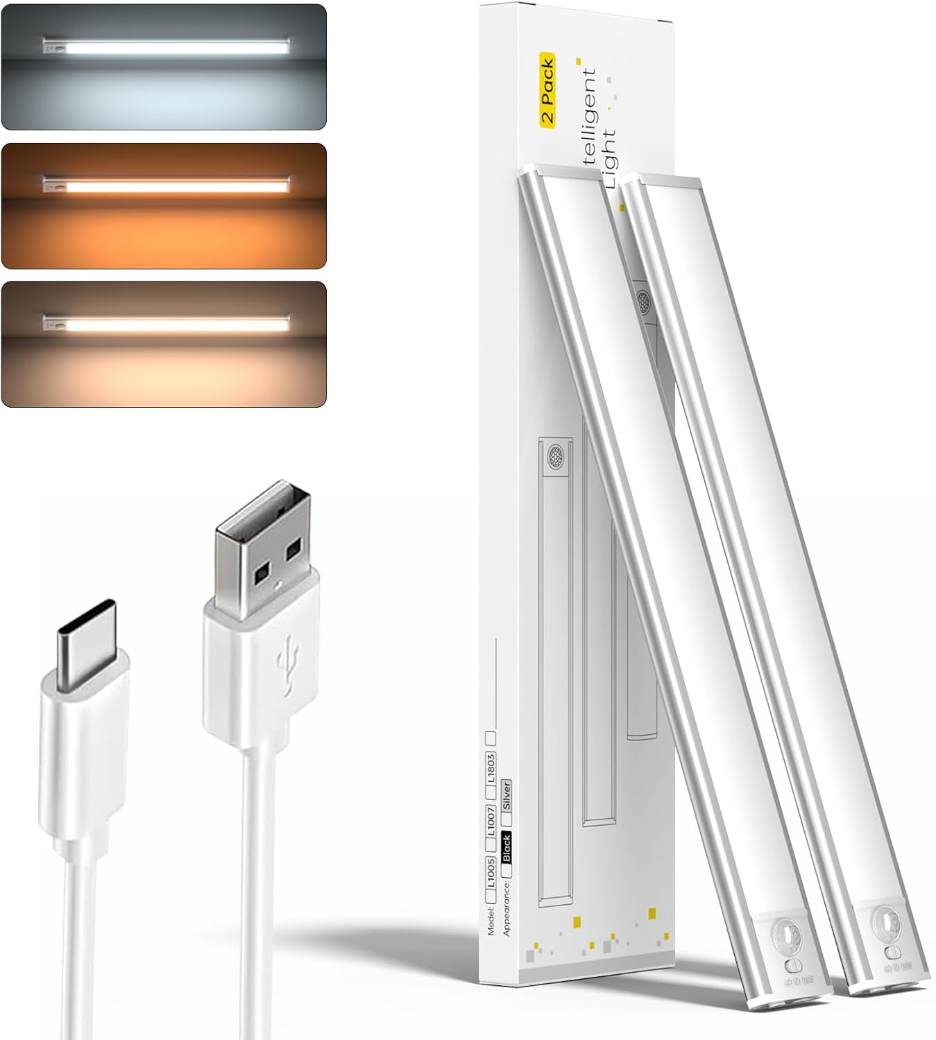 148LED Under Cabinet Lighting with Motion Sensor, Rechargeable Dimmable ...