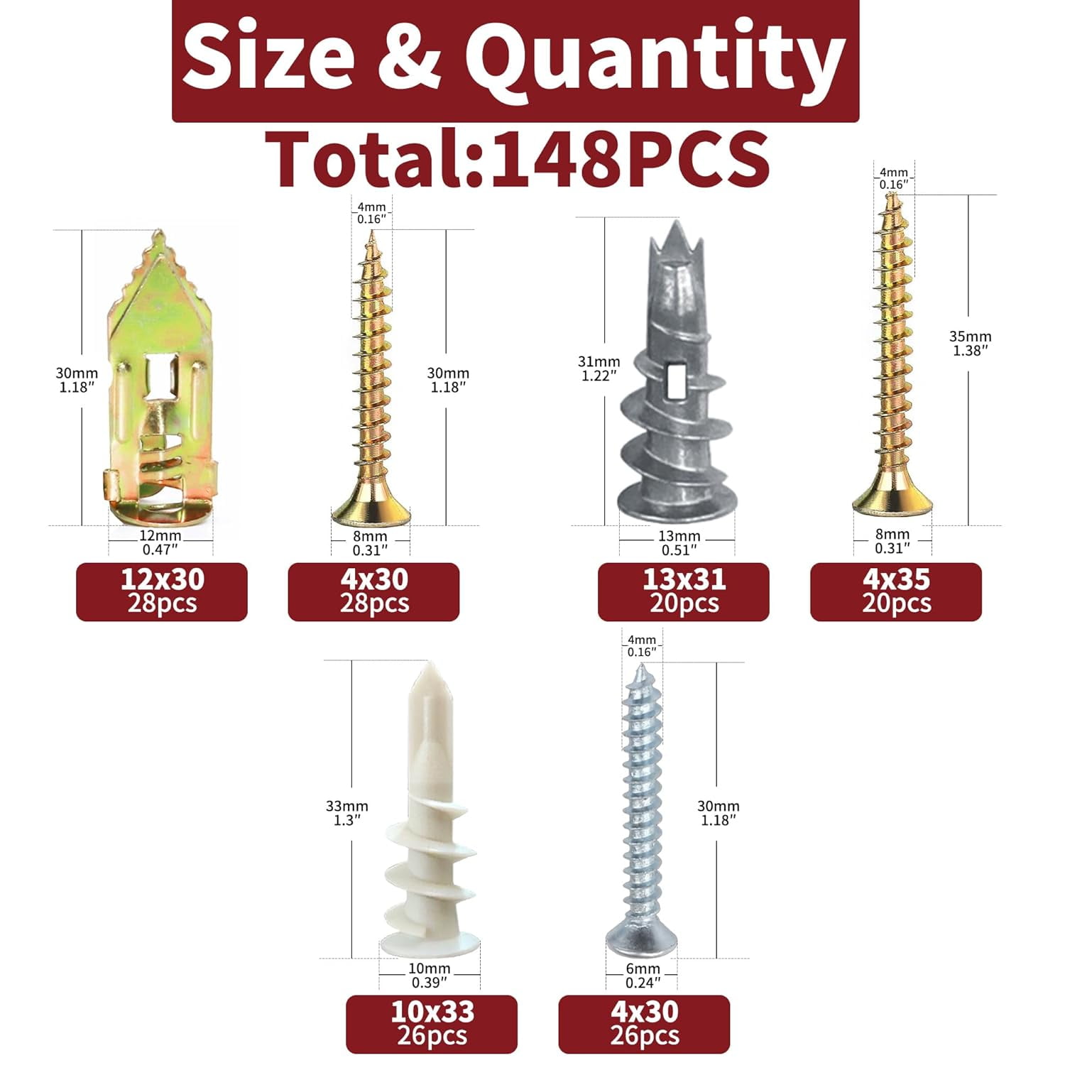 148Pcs Dry Wall Anchors and Screws Kit, for Drywall,Sheetrock,Hollow ...