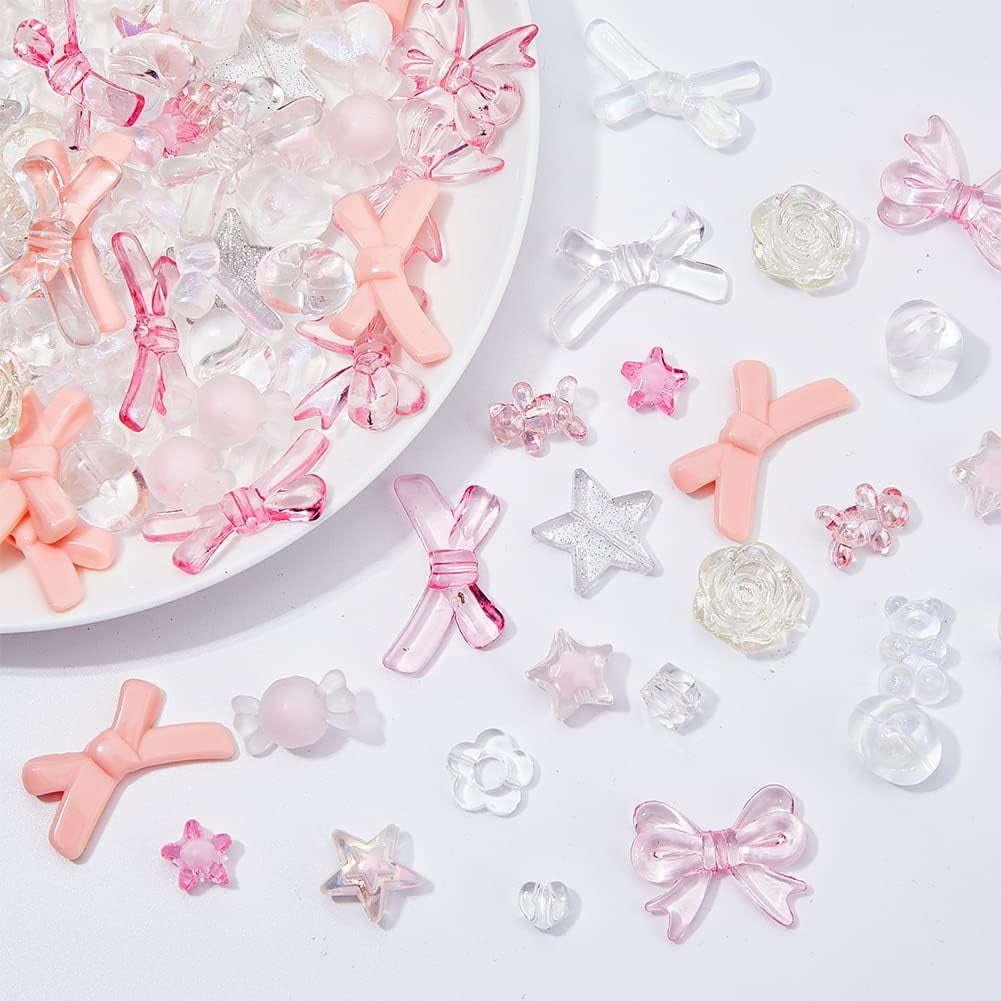 148pcs Acrylic Pink Beads Sets with 5 Colors Cute Bowknot Beads Flower ...