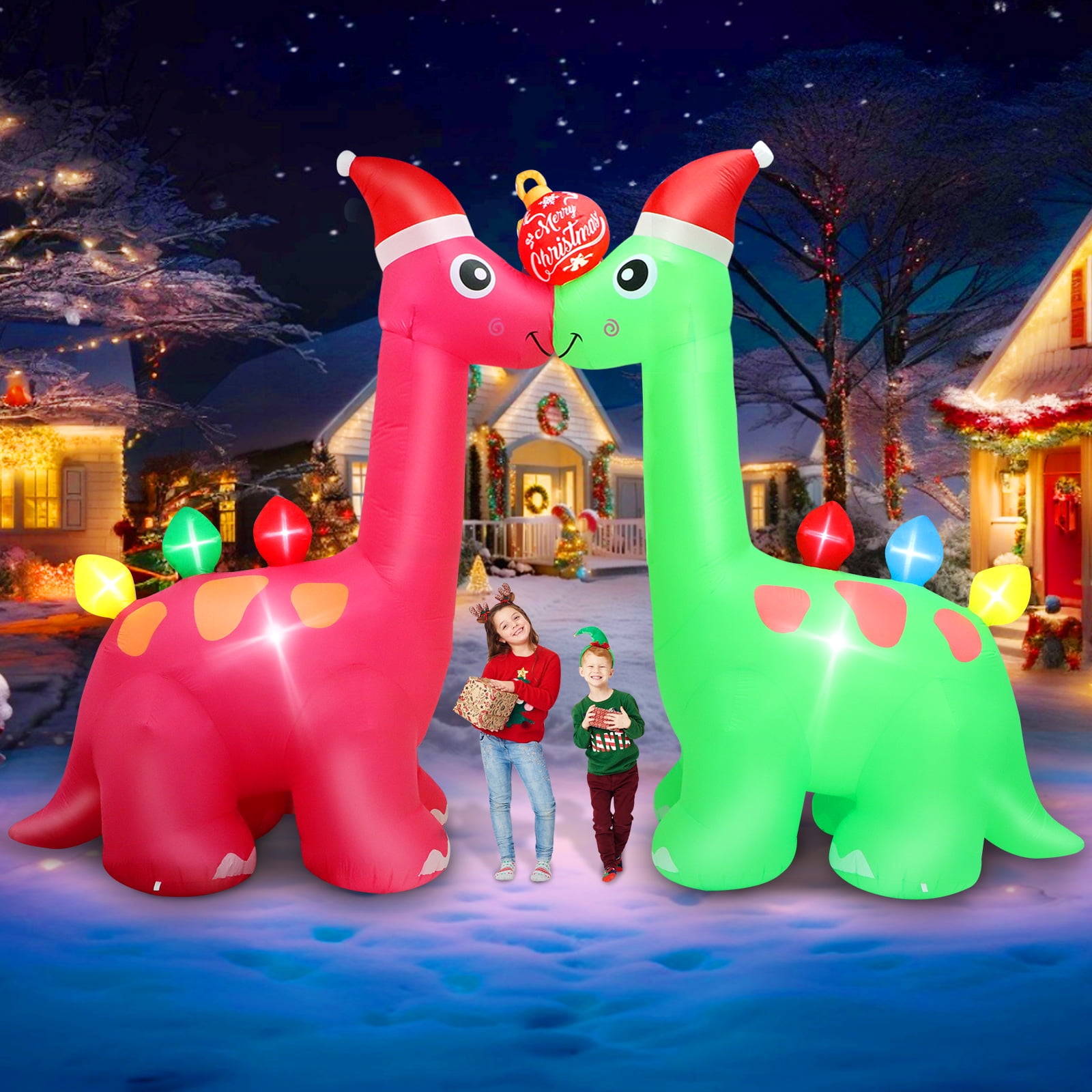 14FT Christmas Inflatable Double Dinosaurs with Xmas Remind Bag,Blow up ...