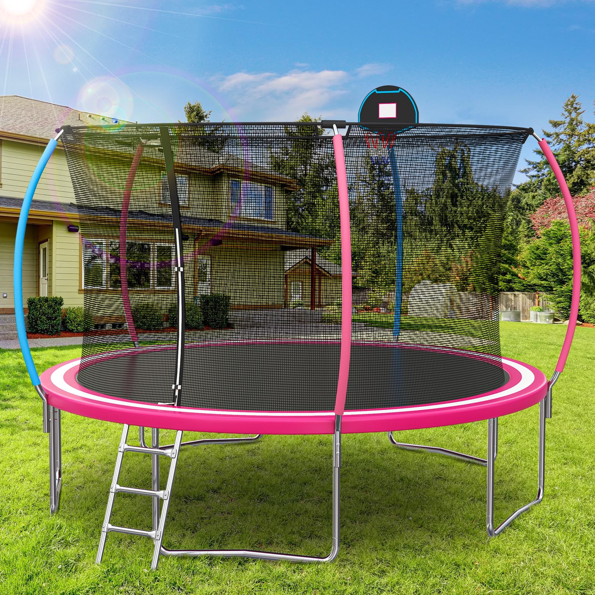 14FT Kids Trampoline with Hoop & Safety Poles - Heavy-Duty, All-Weather ...
