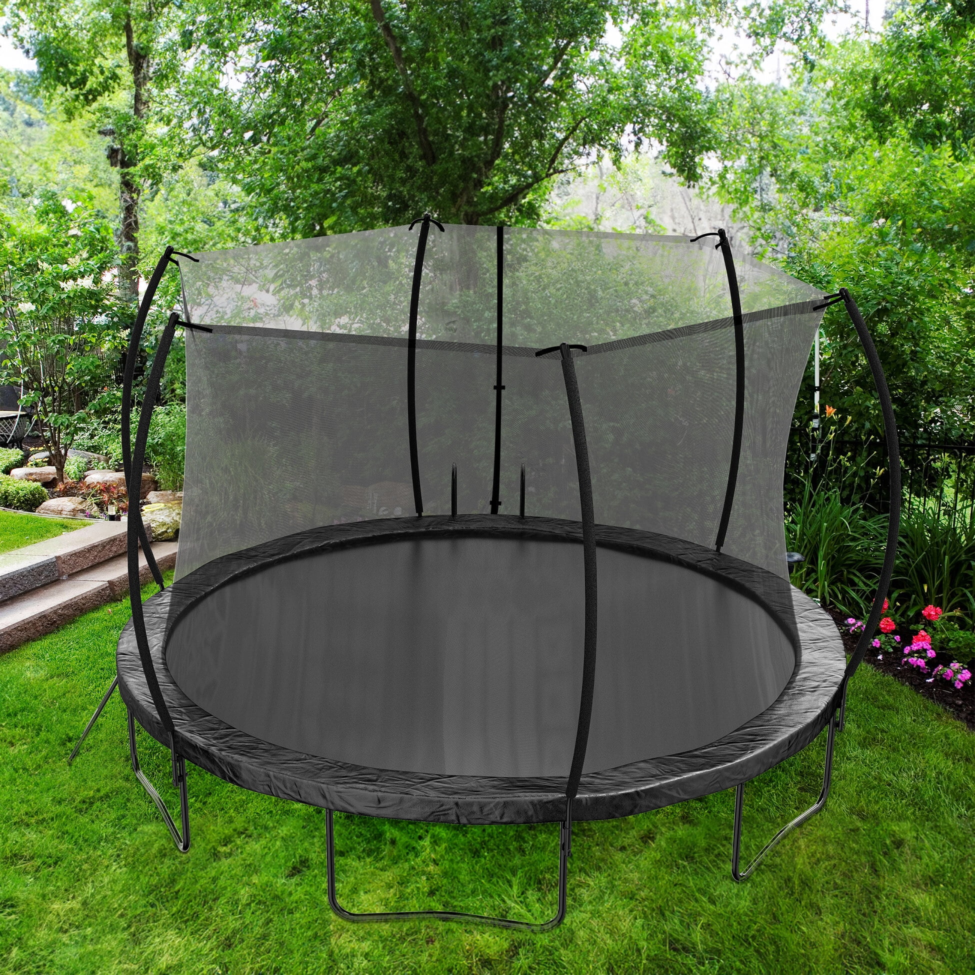 14FT Round Outdoor Trampoline with Slide, Enclosure Net & Ladder for ...