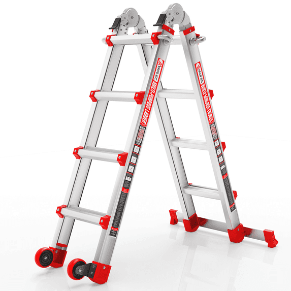 14FT Telescoping A-Frame Ladder with Wheels & Stabilizer Bar, 330lb ...