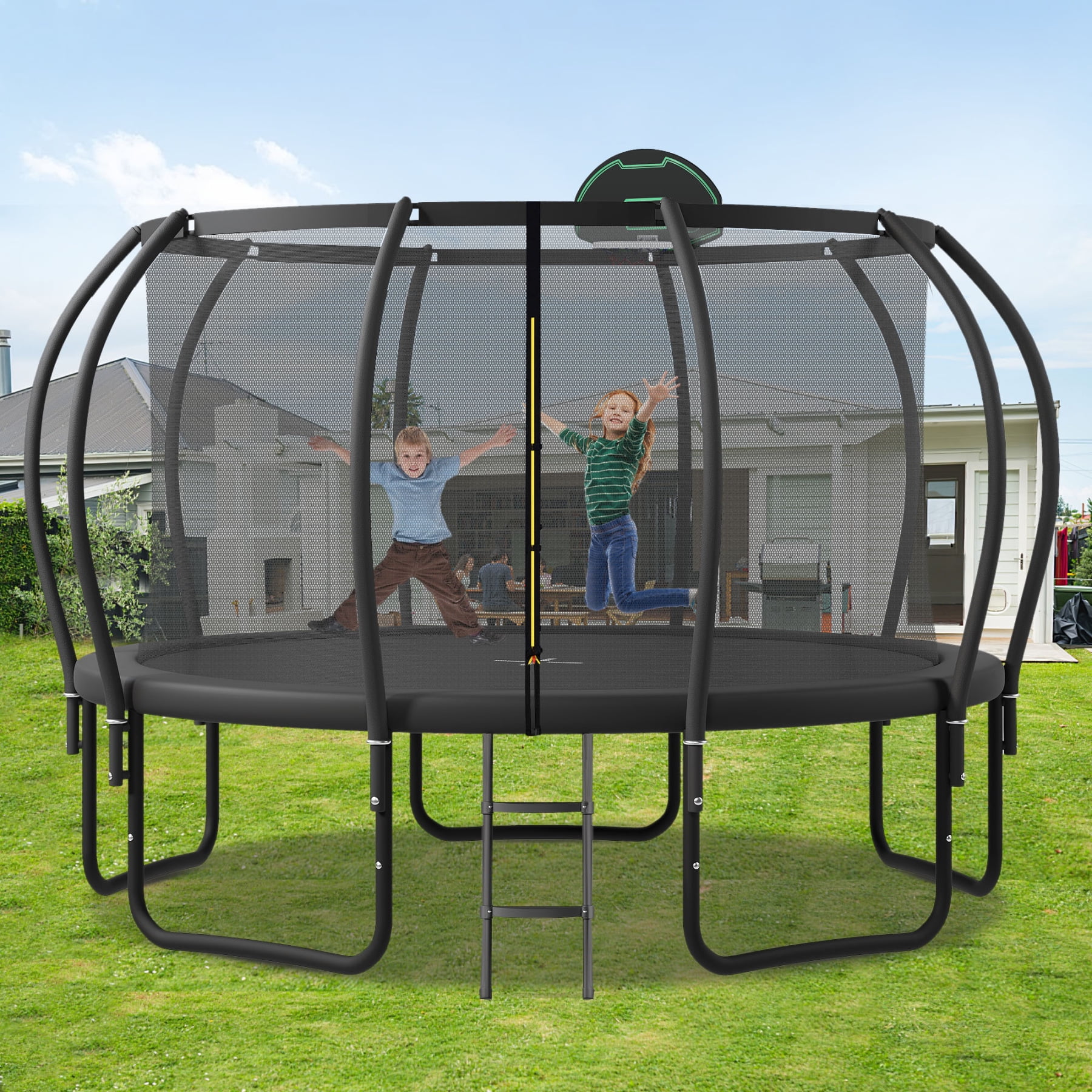 14FT Trampoline with Basketball Hoop, Outdoor Recreational Trampoline ...