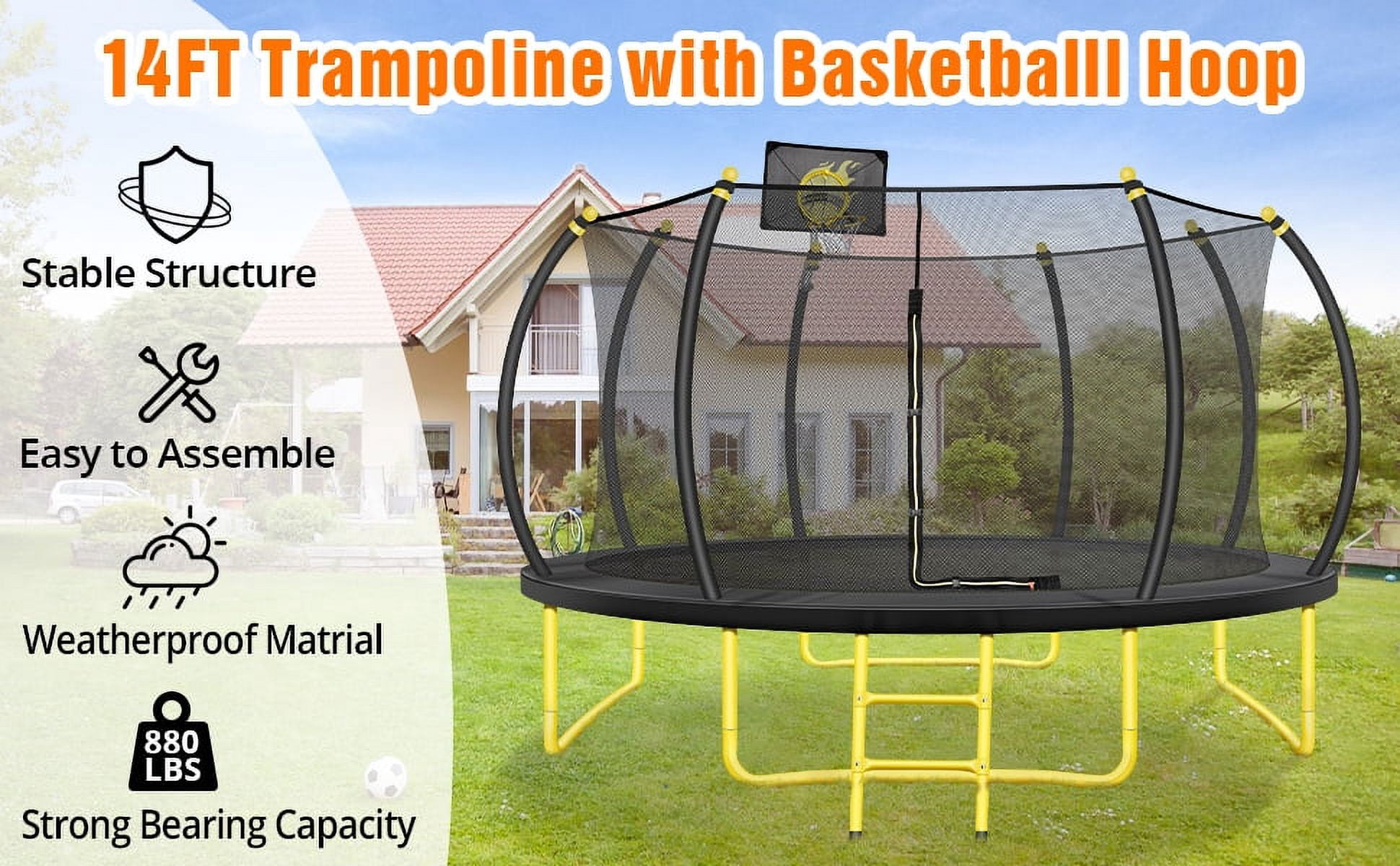 14FT Trampoline with Basketball Hoop, Pumpkin Shaped Out Trampoline ...