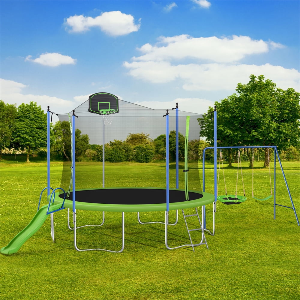 14FT Trampoline Set with Slide, Swing, Hoop, Net, Ladder, 800Lbs ...