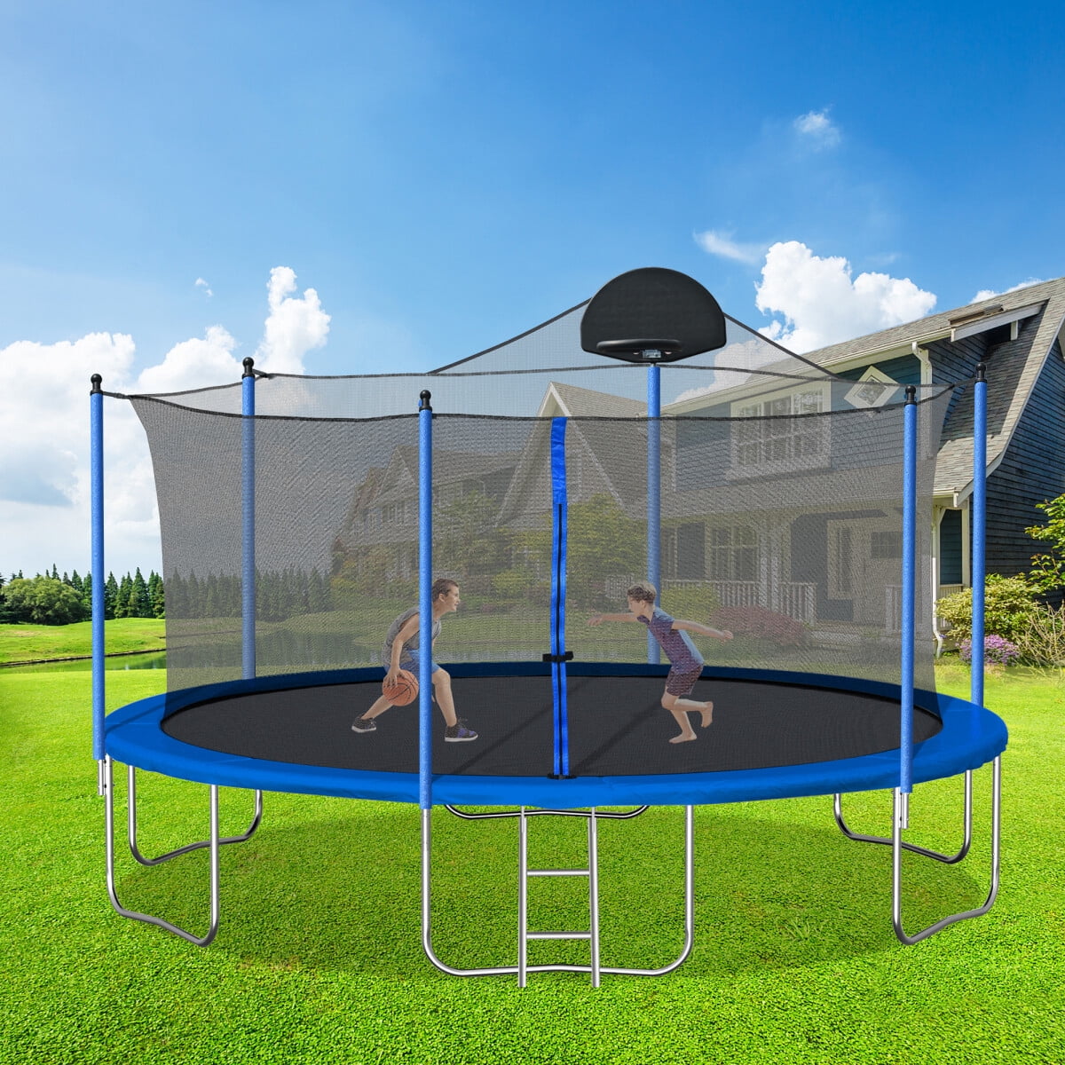 14FT Trampoline with Basketball Hoop, Outdoor Trampolines w/Ladder and ...