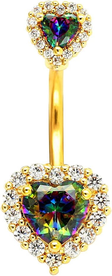 14G(1.6Mm) Double Heart Cubic Zirconia Navel Belly Button Ring 316L Surgical Steel Barbells Stud ...