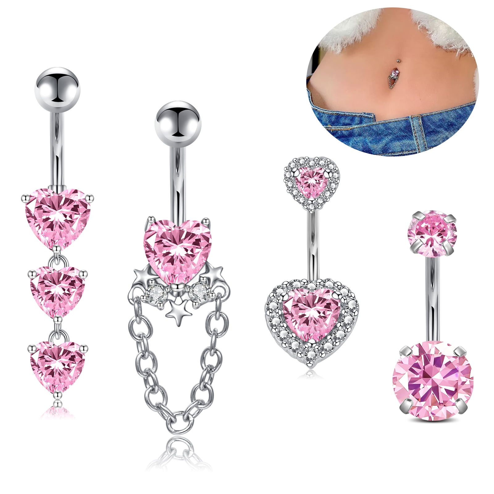 14G Belly Button Rings for Women Pink Dangle Belly Rings Surgical Steel ...