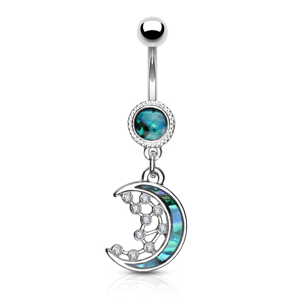 14GA Mother of Pearl Inlay Crescent Moon & CZ Star Dangle 316L Surgical ...