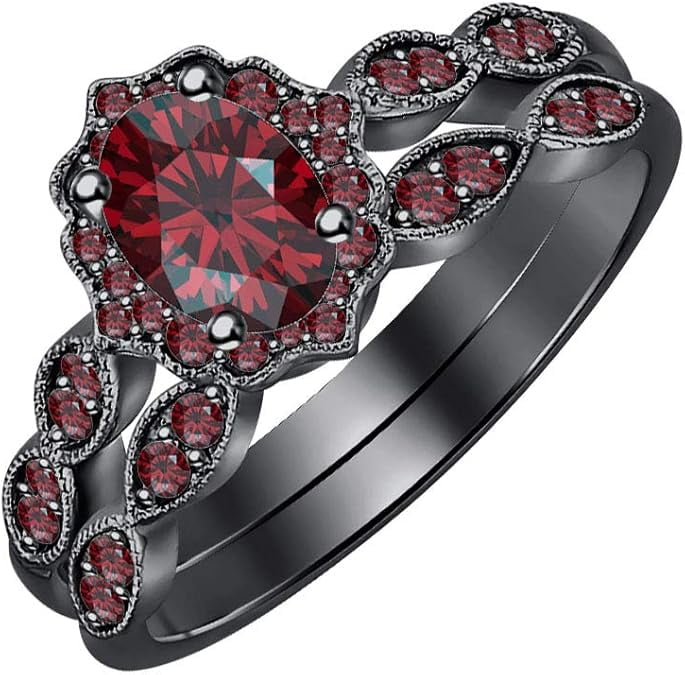 14K Balck Gold-Plated 925 Sterling Silver Oval Shape Red Garnet Vintage ...