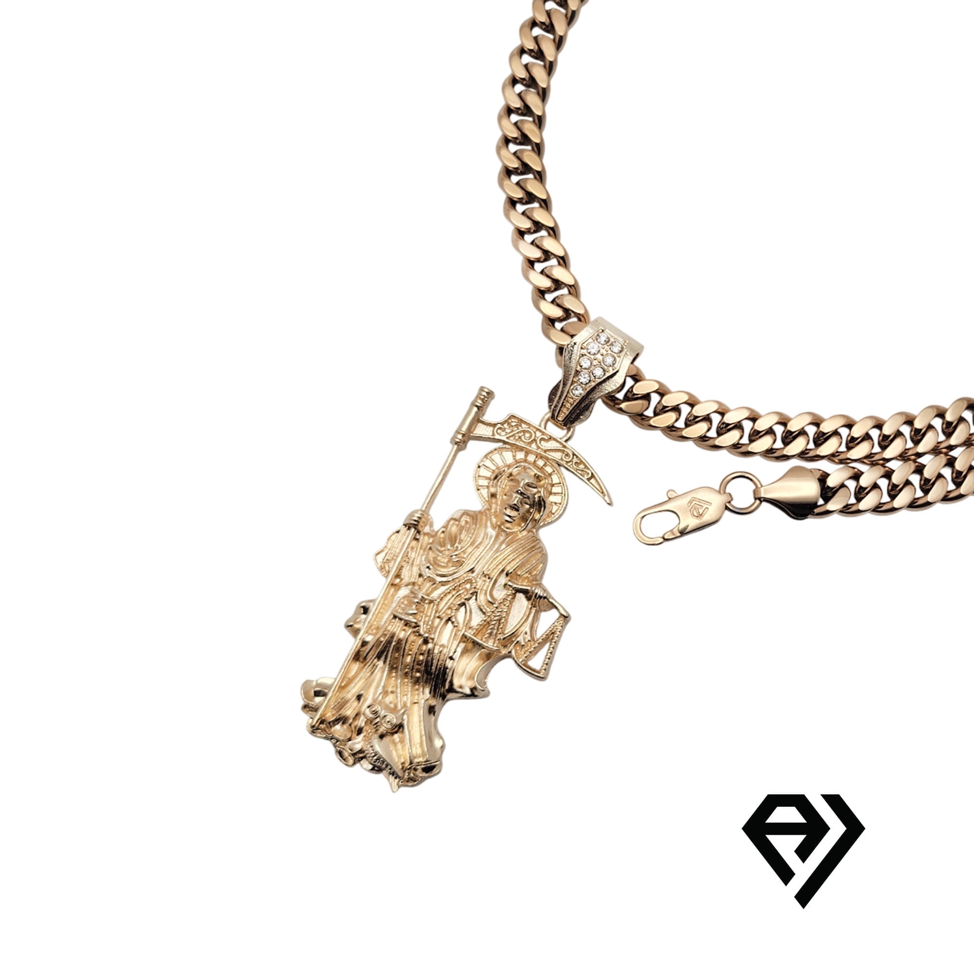 14K Bonded Gold Cuban Chain with Large Reaper Pendant, Unisex Christmas ...