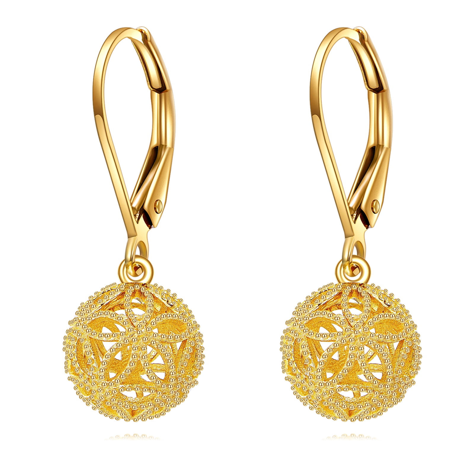 14K Gold Ball Earrings for Women Gold Hollow Ball Leverback Earrings ...