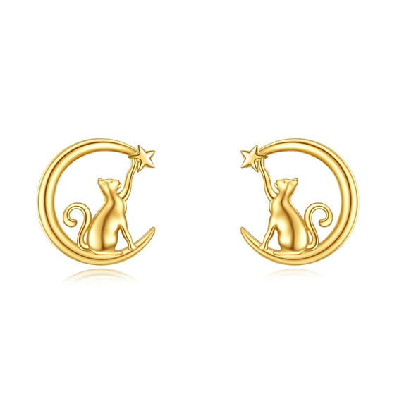 14K Gold Cat Stud Earrings for Women - Moon Design - Solid Yellow Gold ...